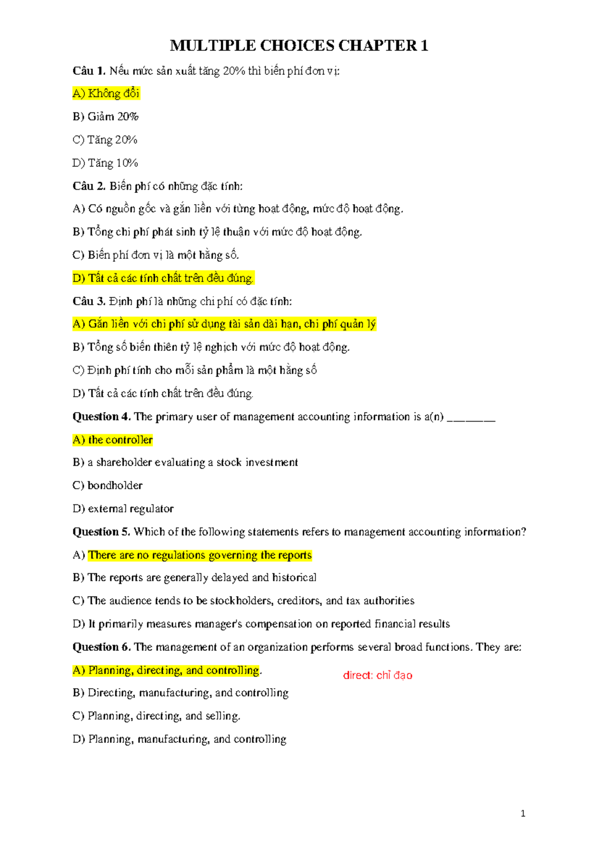 CÂU HỎI TRẮC NGHIỆM CÁC CHƯƠNG - MULTIPLE CHOICES CHAPTER 1 Câu 1. Nếu mức sản xuất tăng 20% thì ...