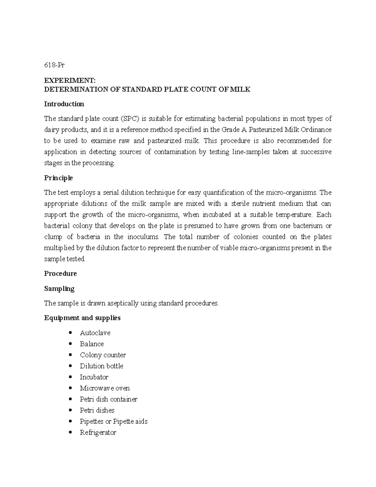 Determination OF Standard Plate Count - 618-Pr EXPERIMENT ...