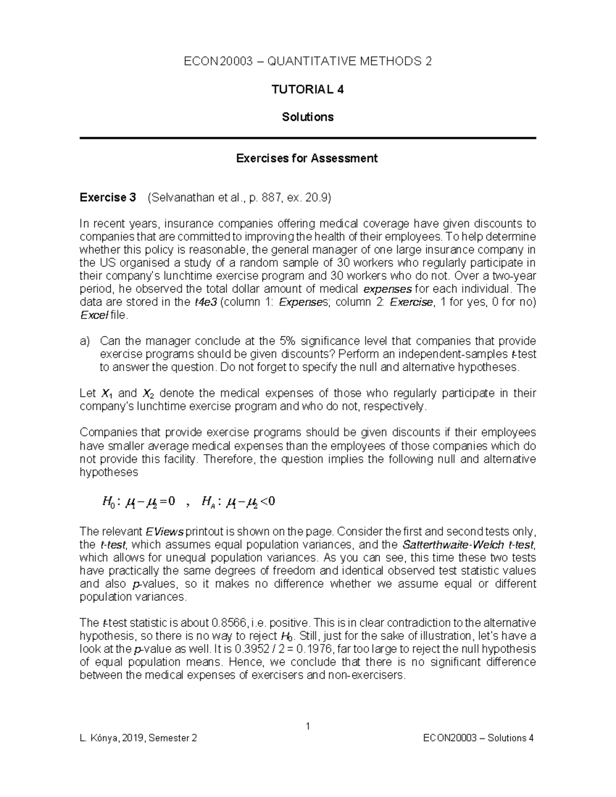 Tutorial 4 Solutions 1 Econ20003 Quantitative Methods 2 Tutorial 4