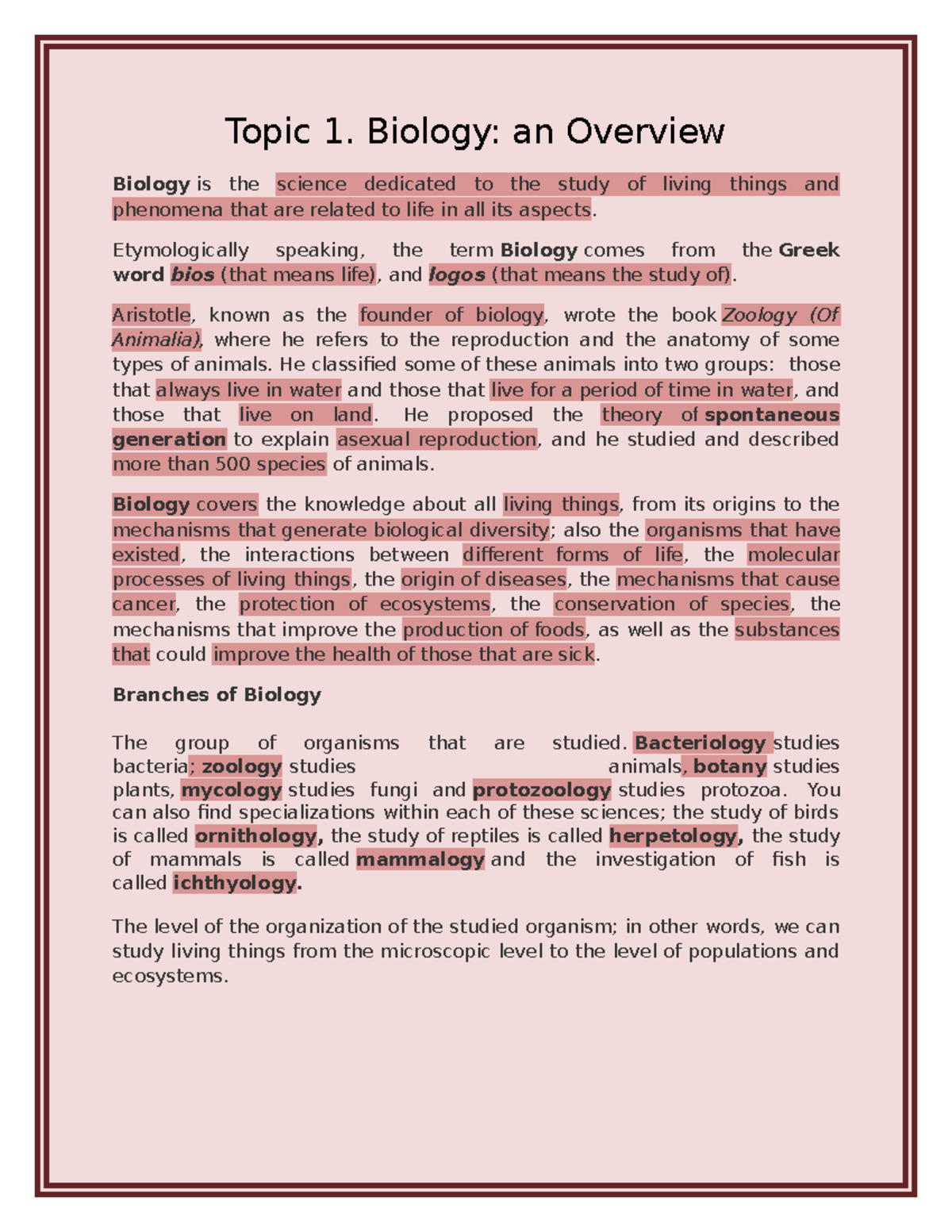 Topic 1 - Life Science Biology: an Overview - Topic 1. Biology: an ...