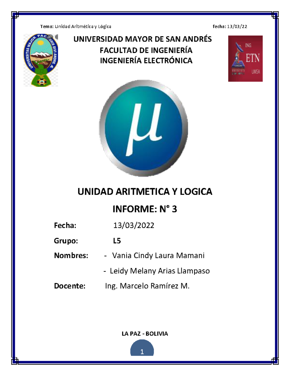 ETN-801 Informe 3 L5 - LABORATORIO - UNIVERSIDAD MAYOR DE SAN ANDRÉS ...