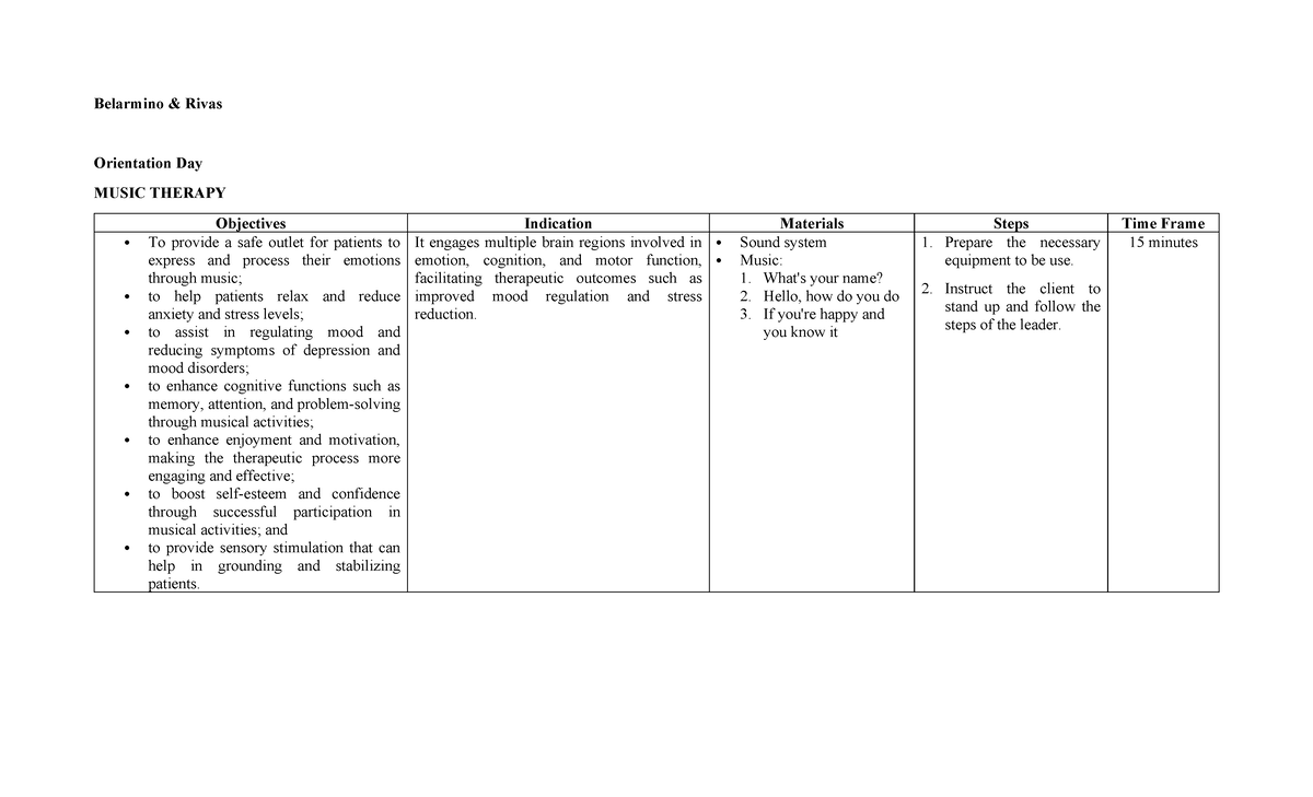 Structured activities belarmino & rivas - Belarmino & Rivas Orientation Day MUSIC THERAPY - Studocu