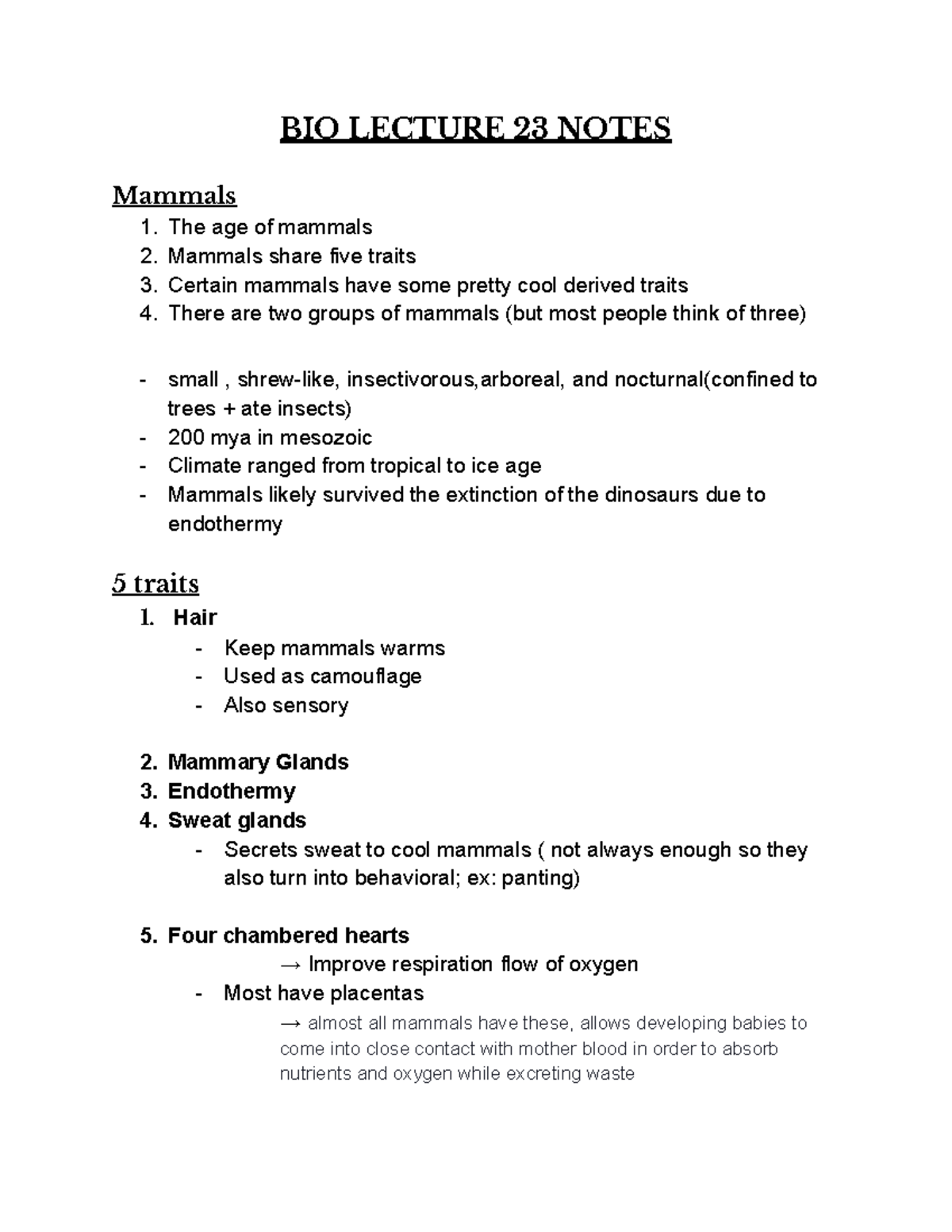 BIO Lecture 23 Notes - BIO LECTURE 23 NOTES Mammals 1. The age of ...
