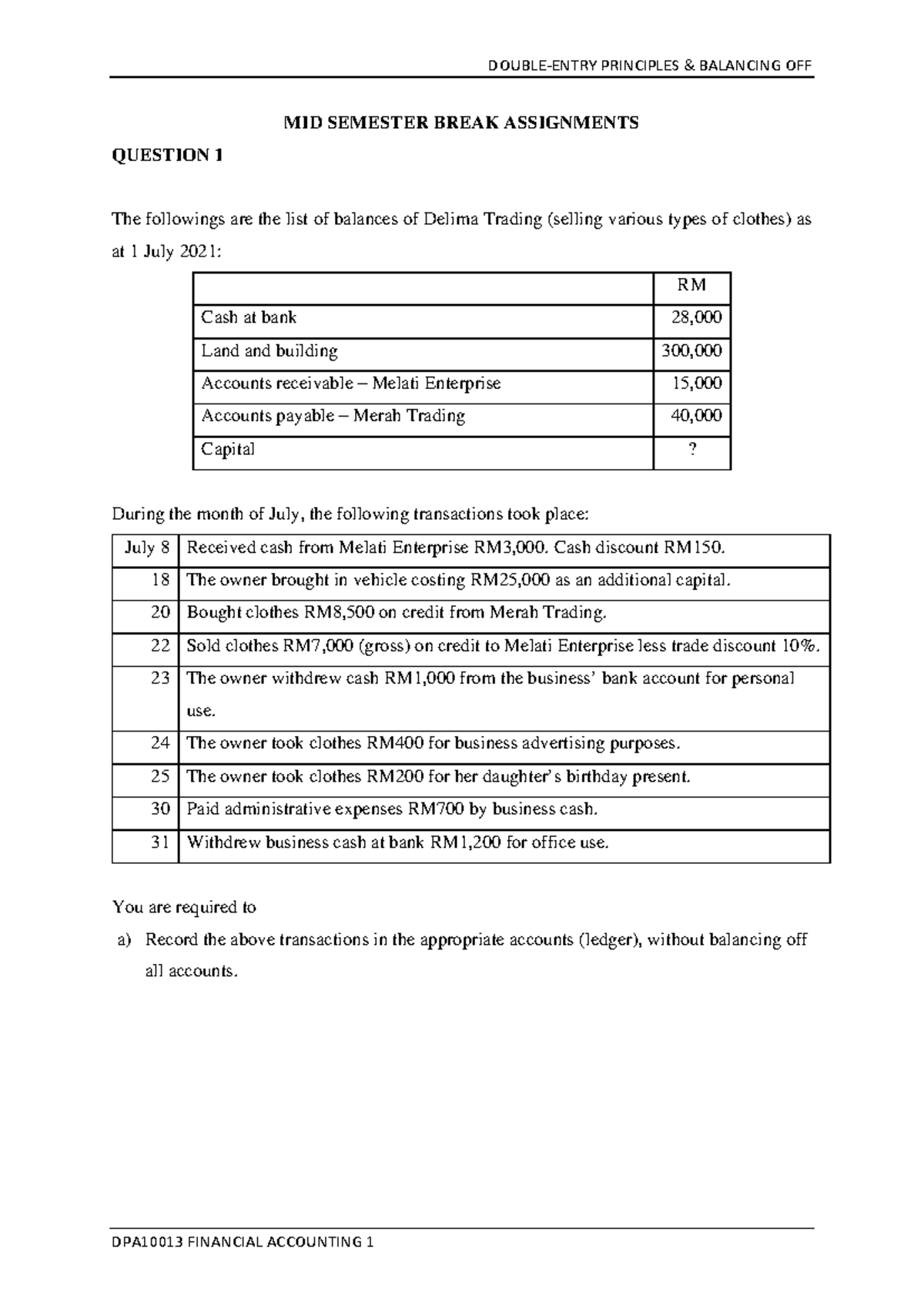 MID Semester Break Assignments - DOUBLE-ENTRY PRINCIPLES & BALANCING ...