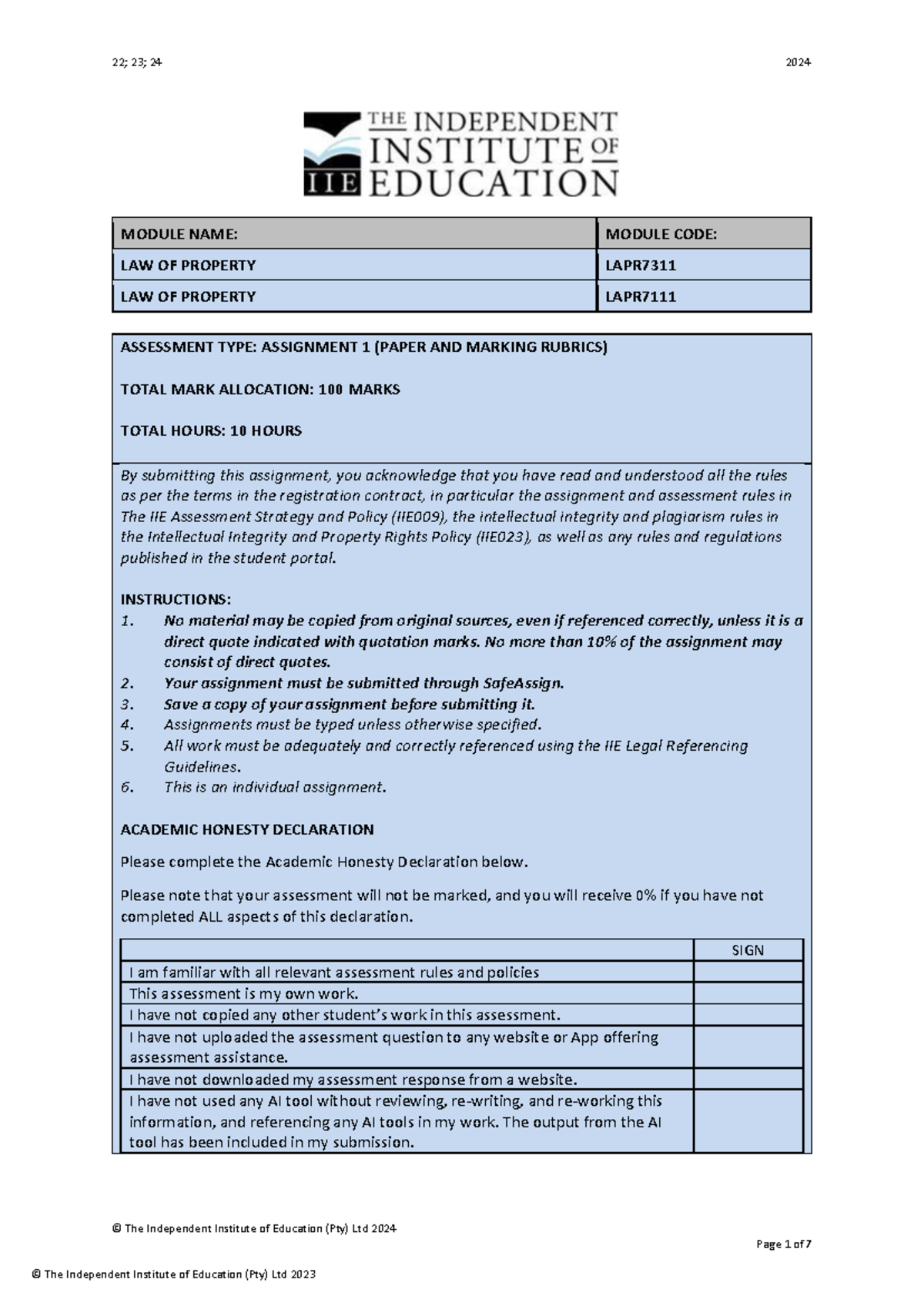 LAPR 7311 Assignment - 2024 - © The Independent Institute of Education (Pty) Ltd 20 24 Page 1 of ...