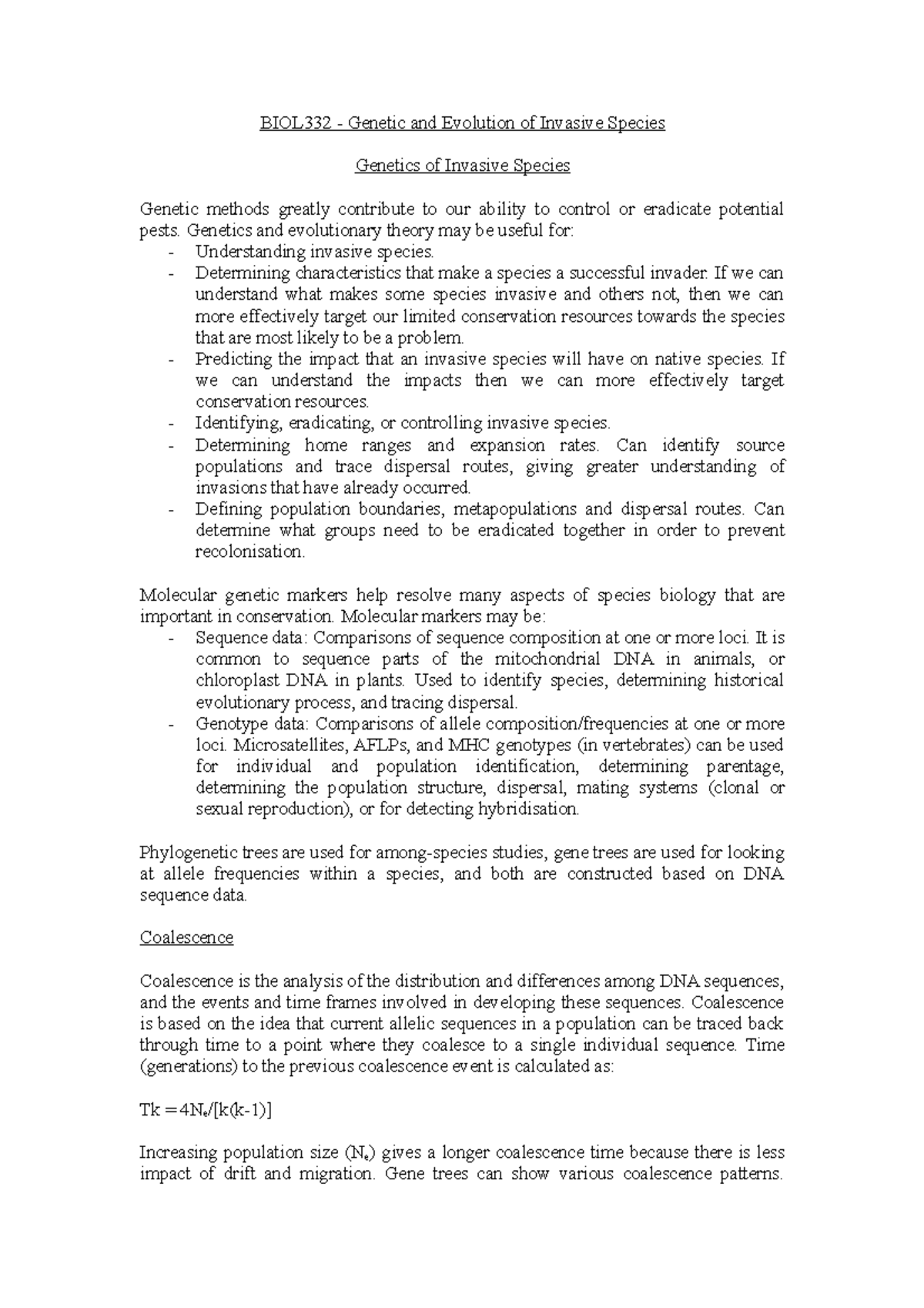 BIOL332 Lecture notes - BIOL332 Genetic and Evolution of Invasive ...