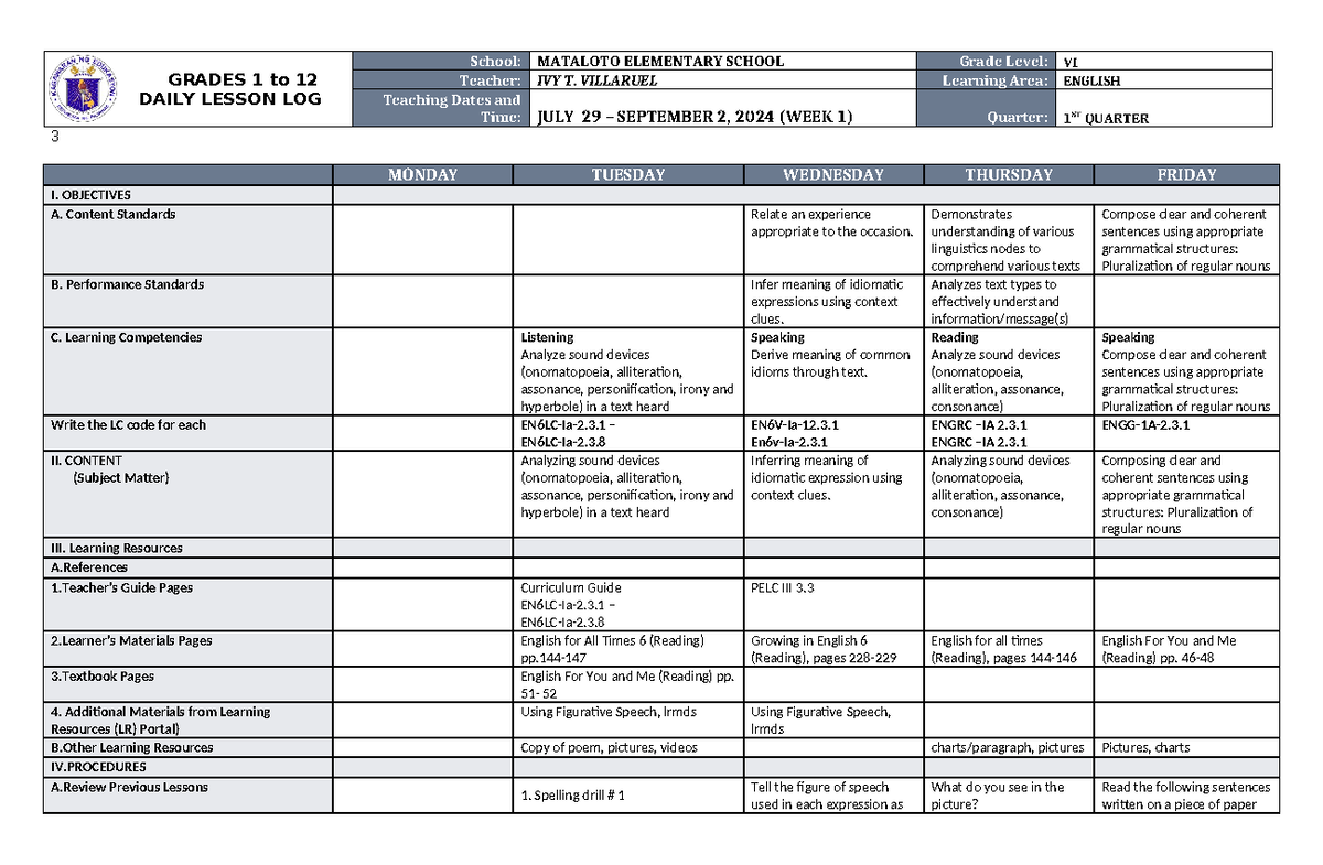 DLL English 6 Q1 W1 - weekly learning sheets - GRADES 1 to 12 DAILY ...