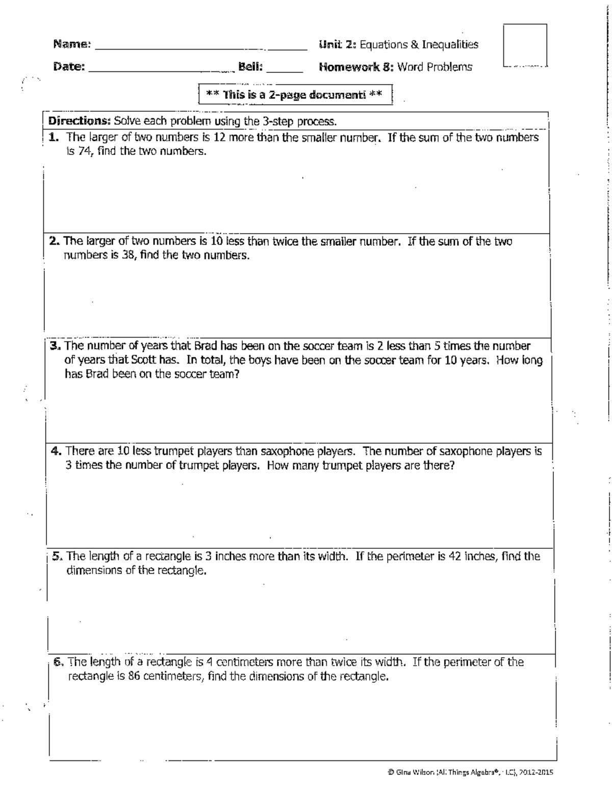 Equation Word Problems Assignment Studocu