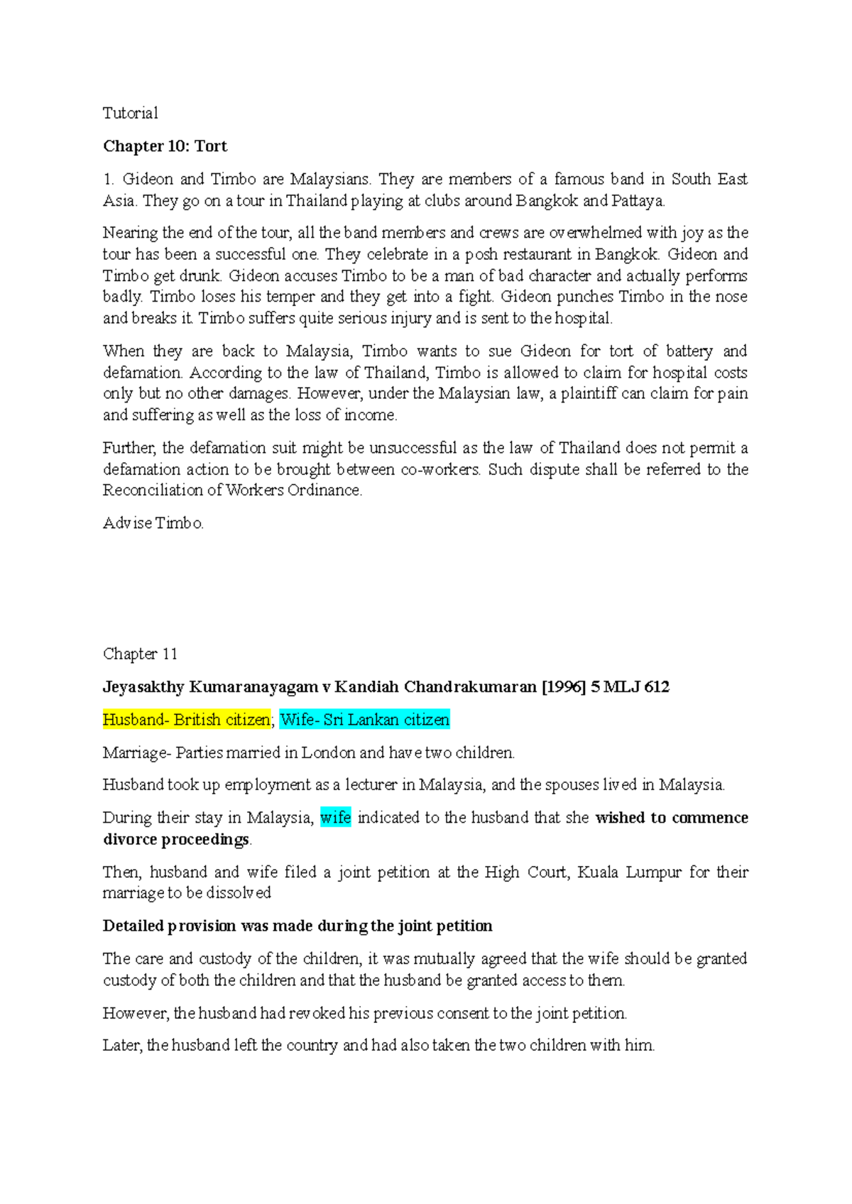 Week 6 marriage and matrimonial clauses - Tutorial Chapter 10: Tort Gideon and Timbo are ...