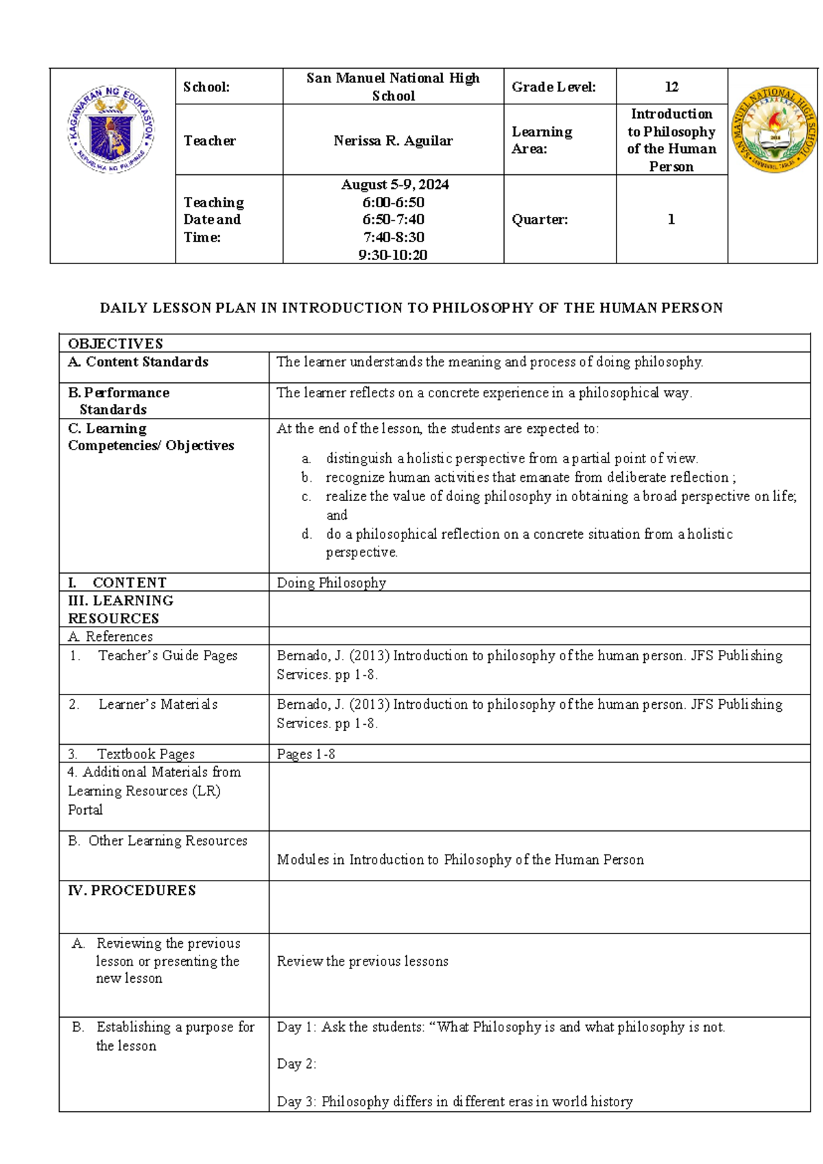Week 2 - week 2 philosophy - School: San Manuel National High School Grade Level: 12 Teacher ...
