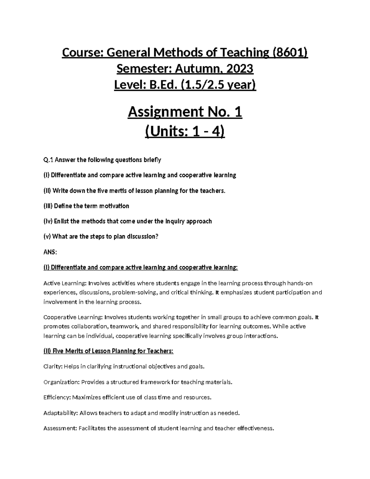 8601 1 - Bed - Course: General Methods of Teaching (8601) Semester: Autumn, 2023 Level: B. (1.5 ...