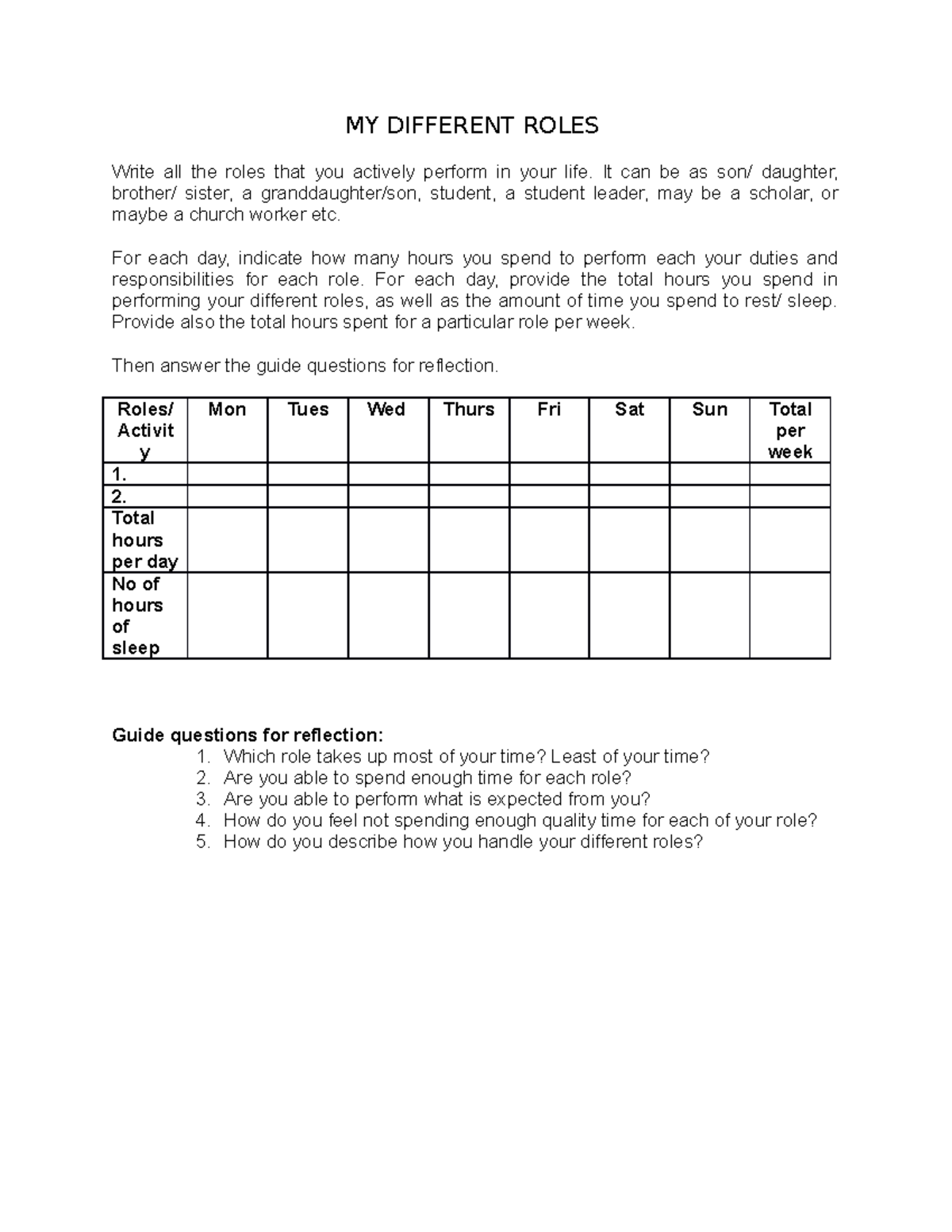 HW 2-My Different Roles - MY DIFFERENT ROLES Write all the roles that ...