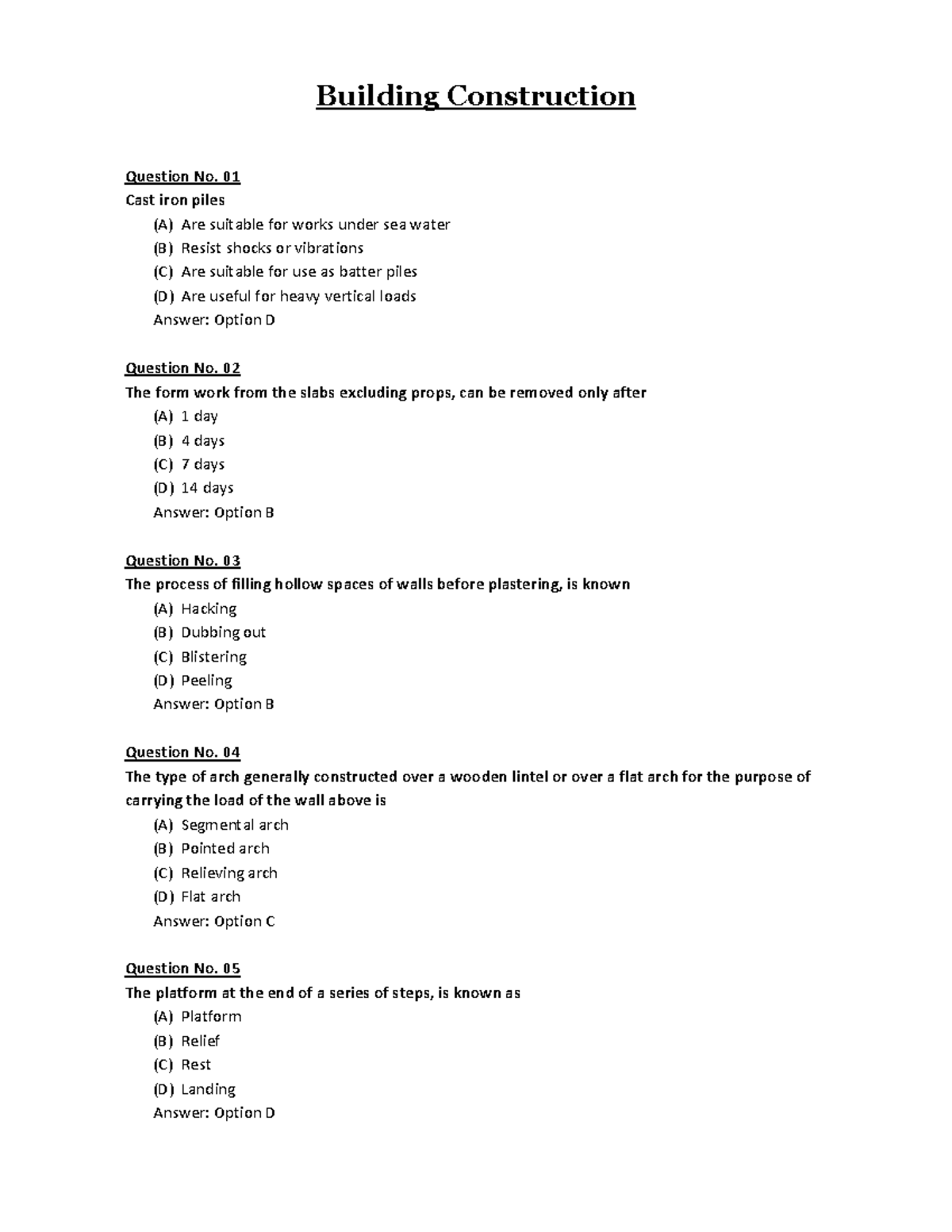 Building-construction qb - Building Construction Question No. 01 Cast ...