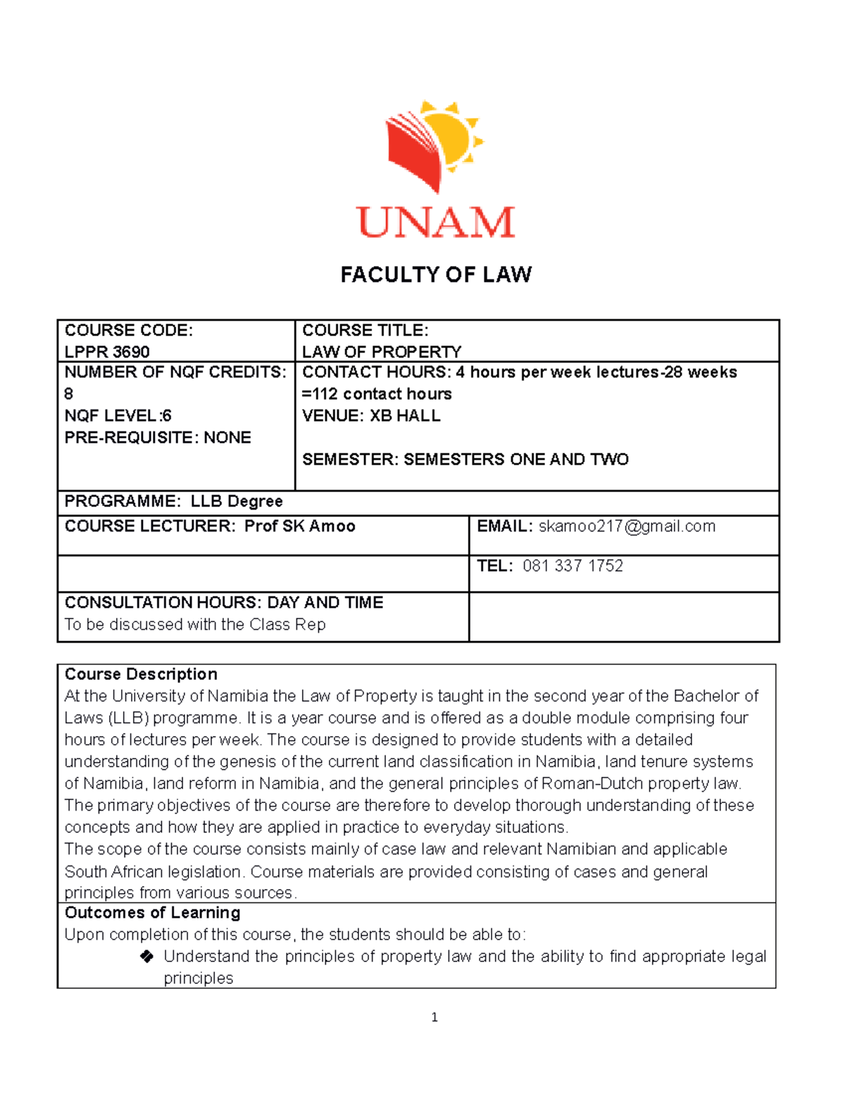 LAW OF Property Course Outline 2019 - FACULTY OF LAW COURSE CODE: LPPR ...