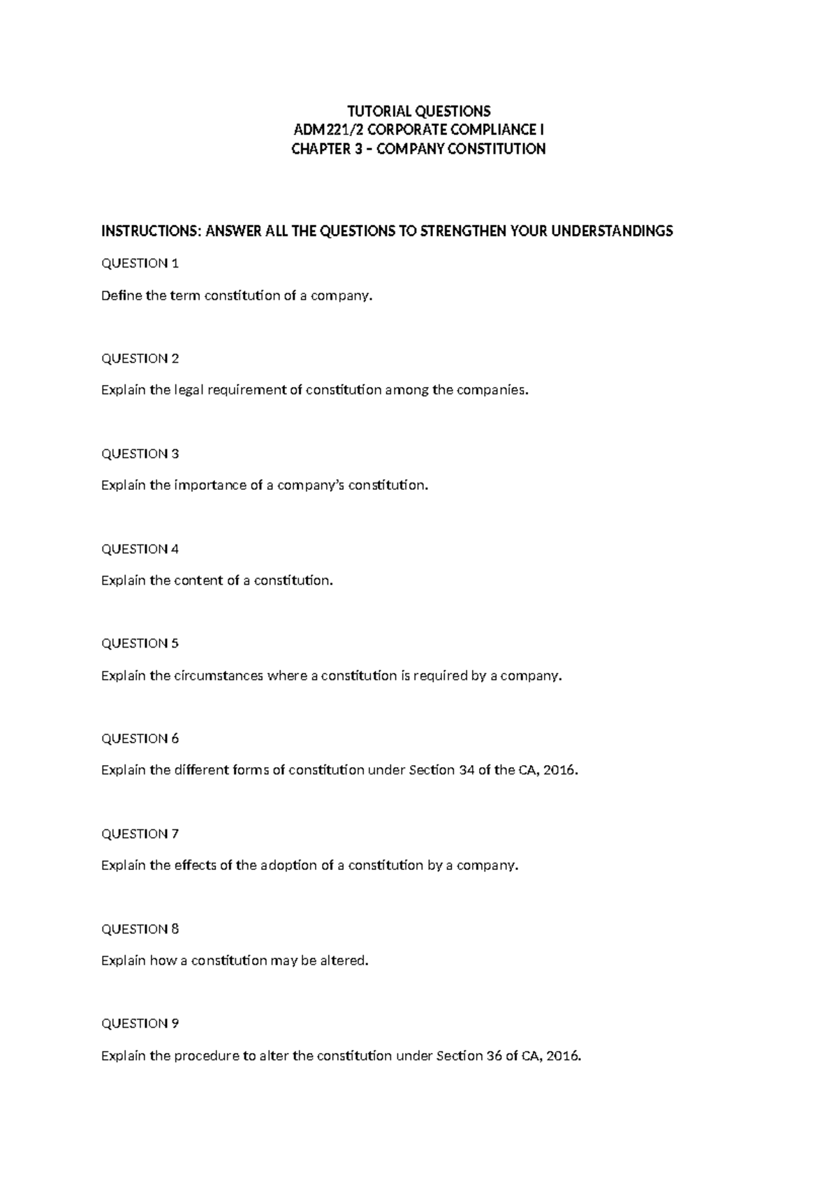Tutorial Chapter 3 Constitution - TUTORIAL QUESTIONS ADM221/2 CORPORATE COMPLIANCE I CHAPTER 3 ...