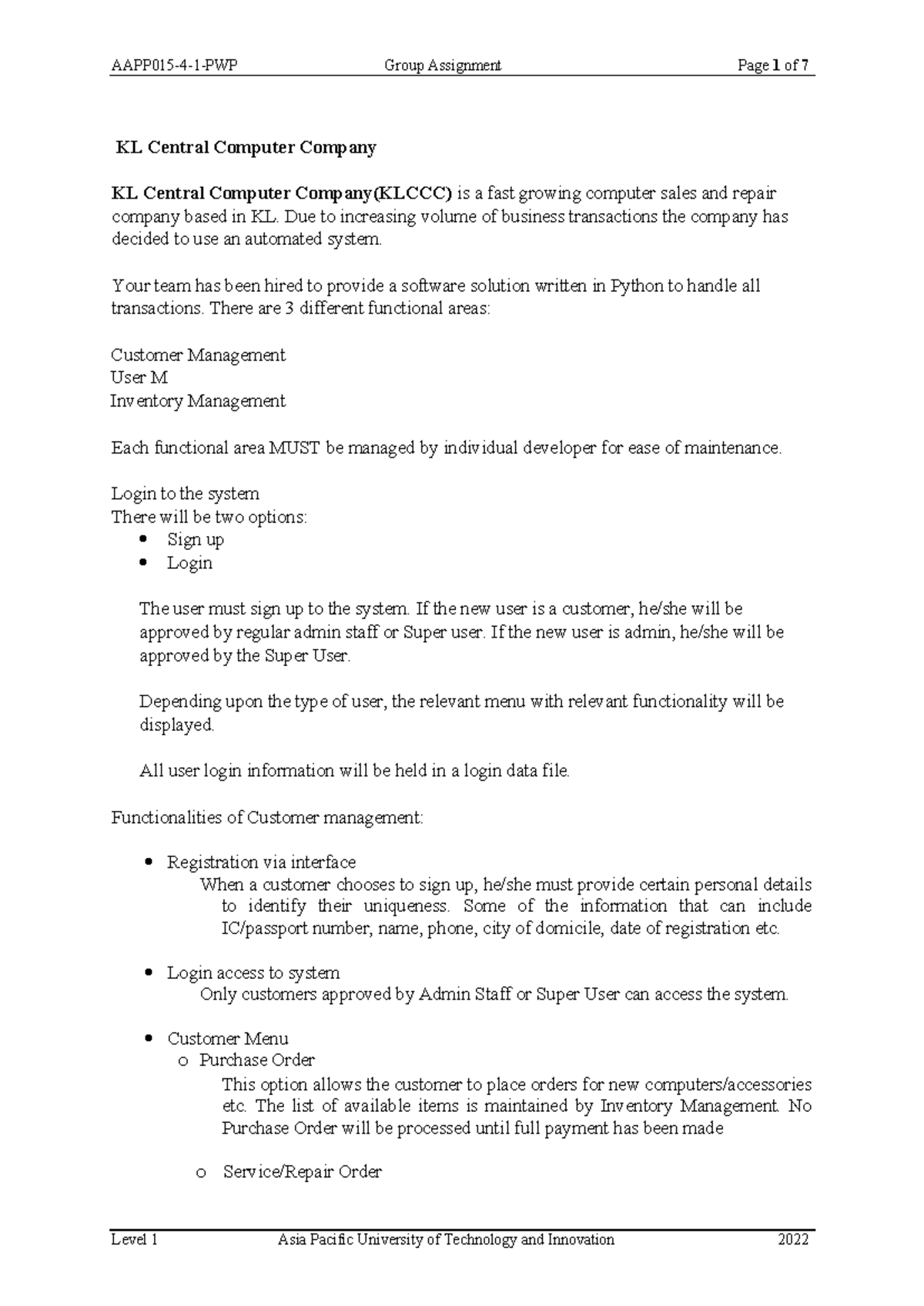 Aapp015 4 1 Pwp Assignment Question Copy Kl Central Computer Company Kl Central Computer
