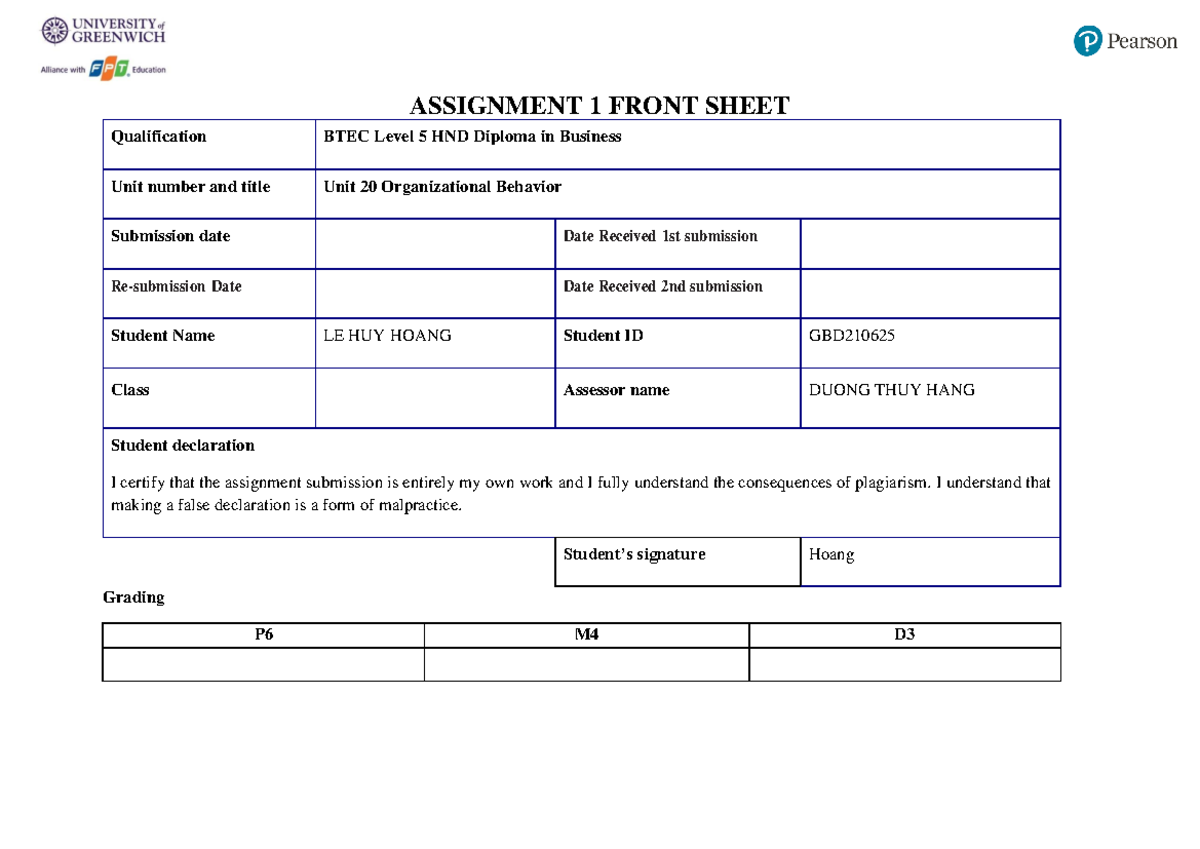 5064.Assignment 2 Le Huy Hoang - ASSIGNMENT 1 FRONT SHEET Qualification BTEC Level 5 HND Diploma ...