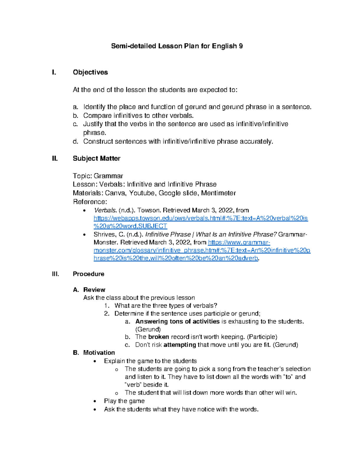 SDLP Infinitives - Semi-detailed Lesson Plan for English 9 I ...