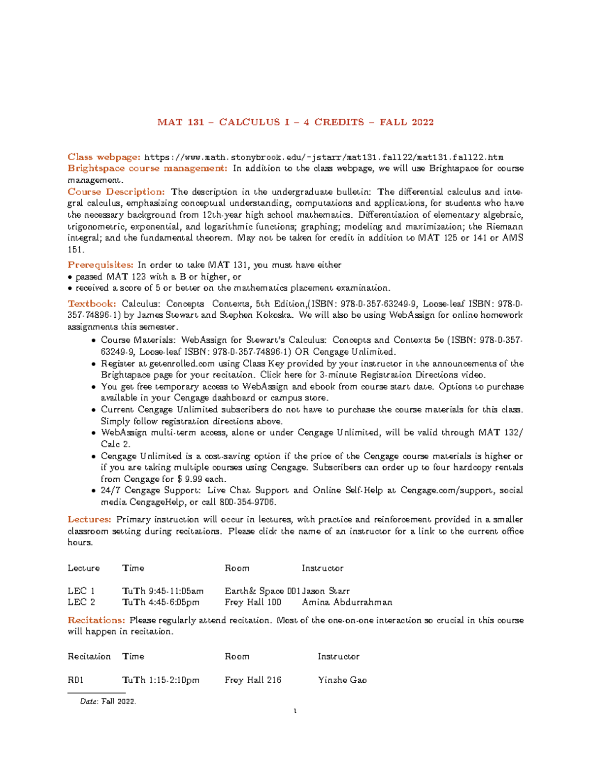 Mat 131 - Syllabus - MAT 131 – CALCULUS I – 4 CREDITS – FALL 2022 Class webpage: - Studocu