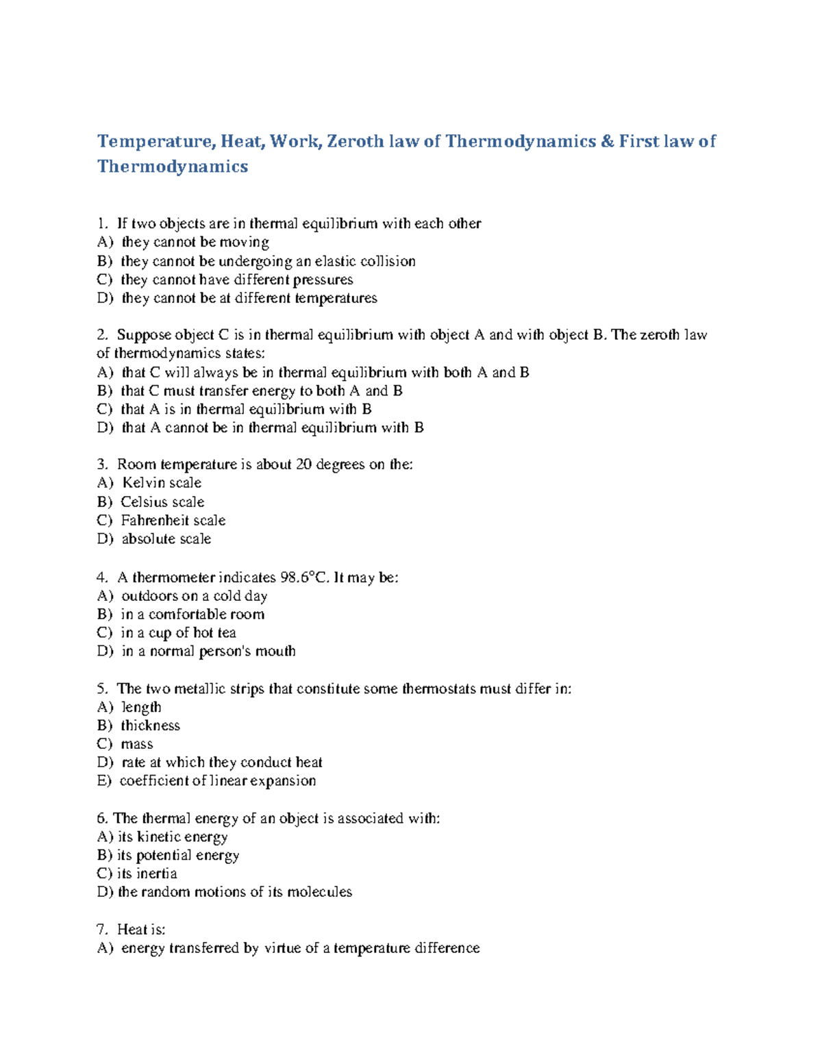 Sample/practice exam 2019, questions - Temperature, Heat, Work, Zeroth ...