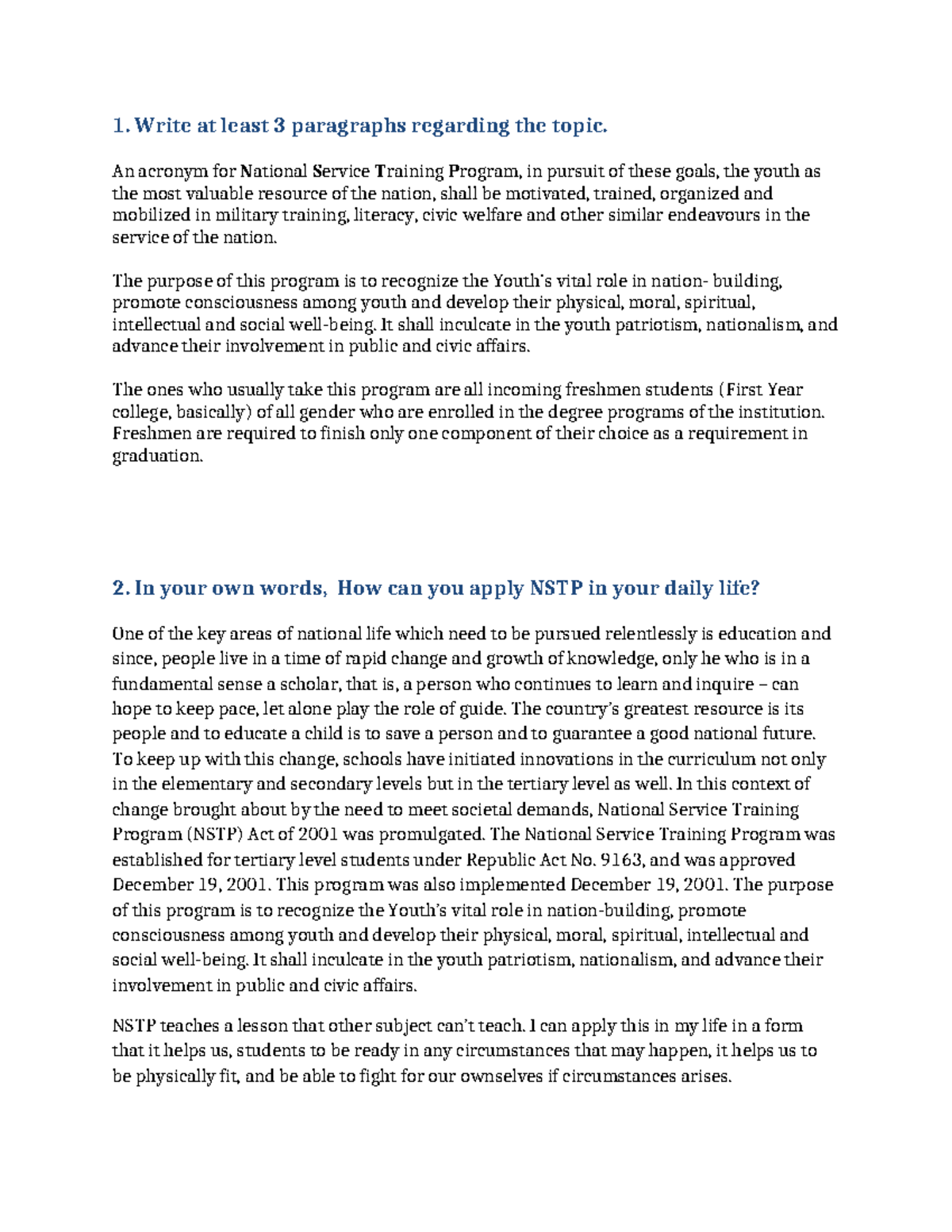 Activity 1.1 nstp - 1. Write at least 3 paragraphs regarding the topic ...
