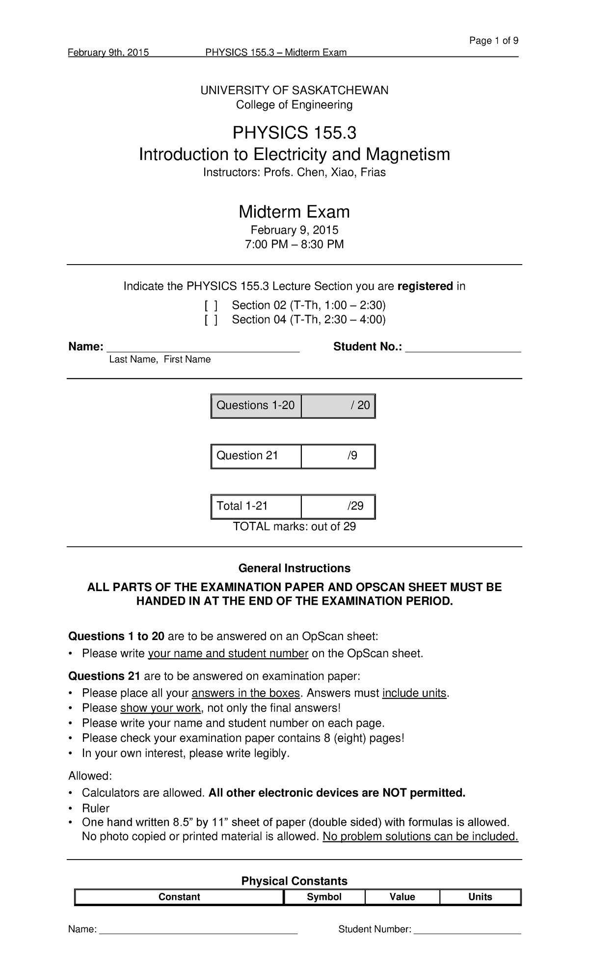 Exam 2015, Questions And Answers - Page 1 of 9 February 9th, 2015 PHYSICS 155 – Midterm Exam ...