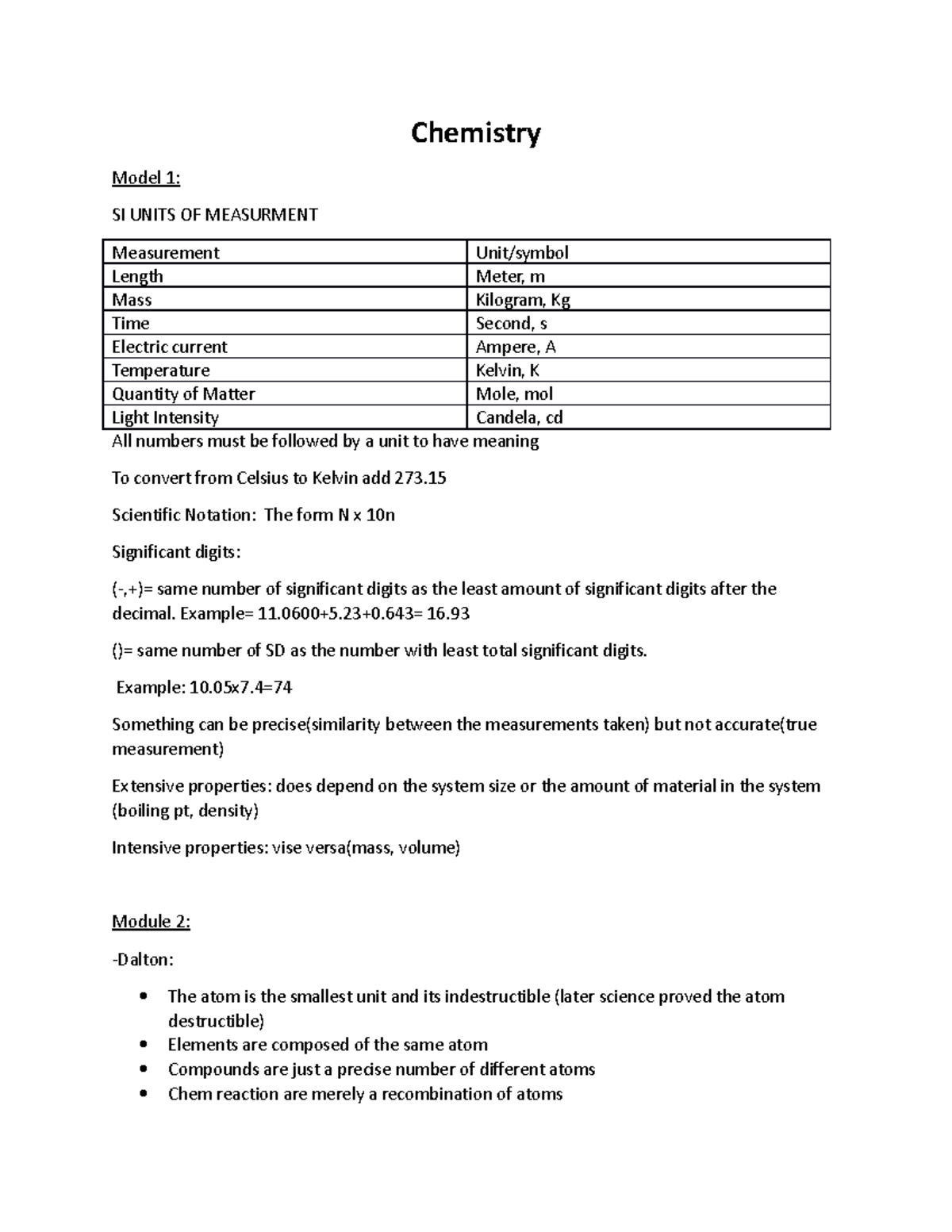 Chemistry - some review stuff for midterm - Chemistry Model 1: SI UNITS ...