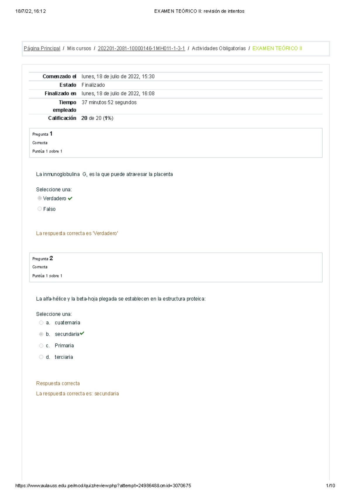 Examen Teórico II revisión de intentos Biologia - Página Principal / Mis cursos / - Studocu