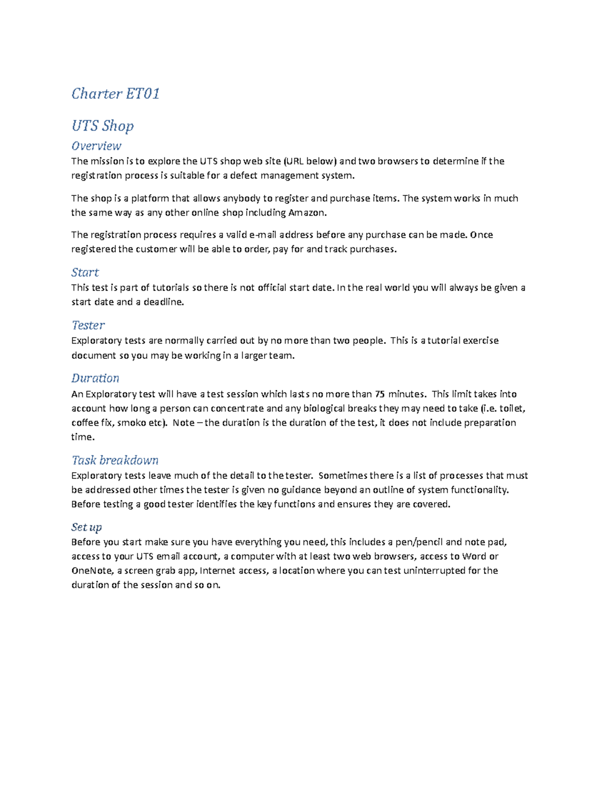 Exploratory Test Charter Tutorial - Charter ET UTS Shop Overview The ...