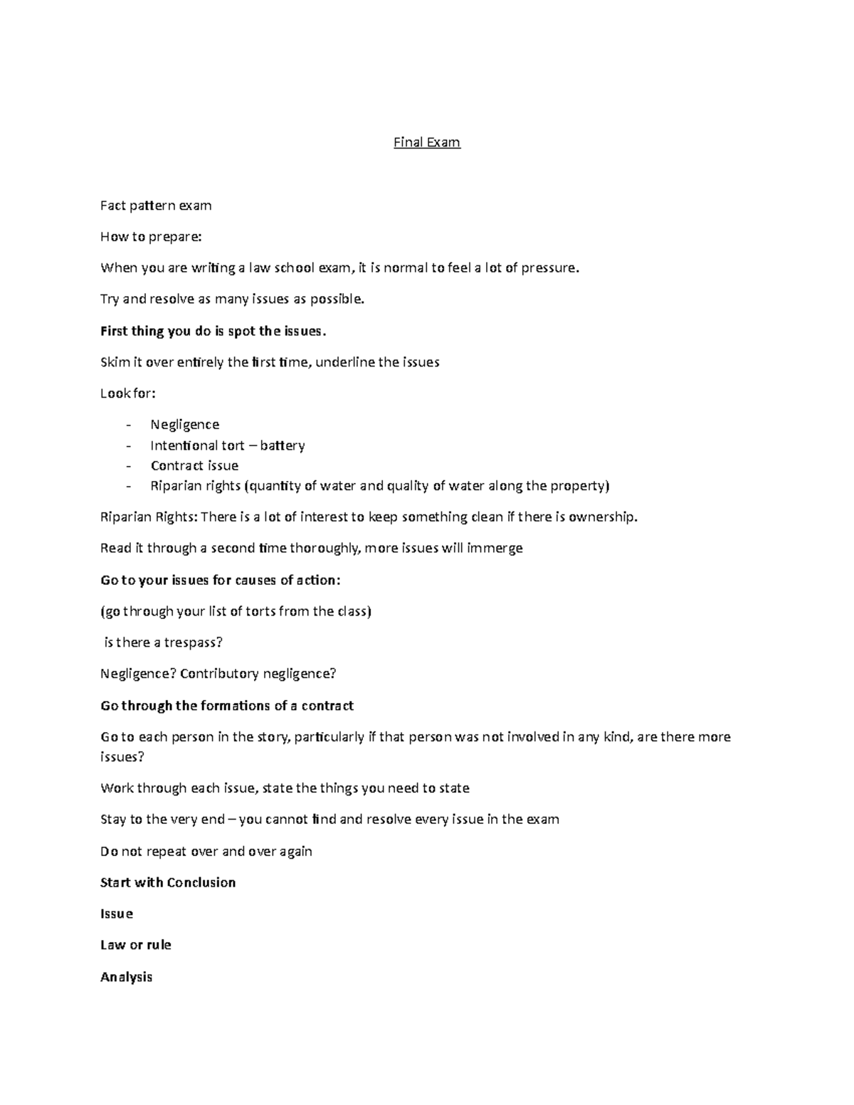 Final Exam notes - Final Exam Fact pattern exam How to prepare: When ...