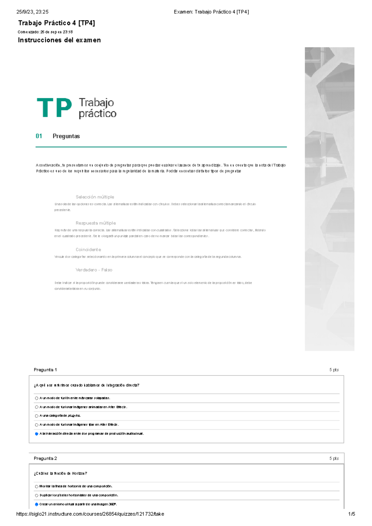 Examen Trabajo Práctico 4 [TP4] post produccion 2 100% - Trabajo Práctico 4 [TP4] Comenzado: 25 ...