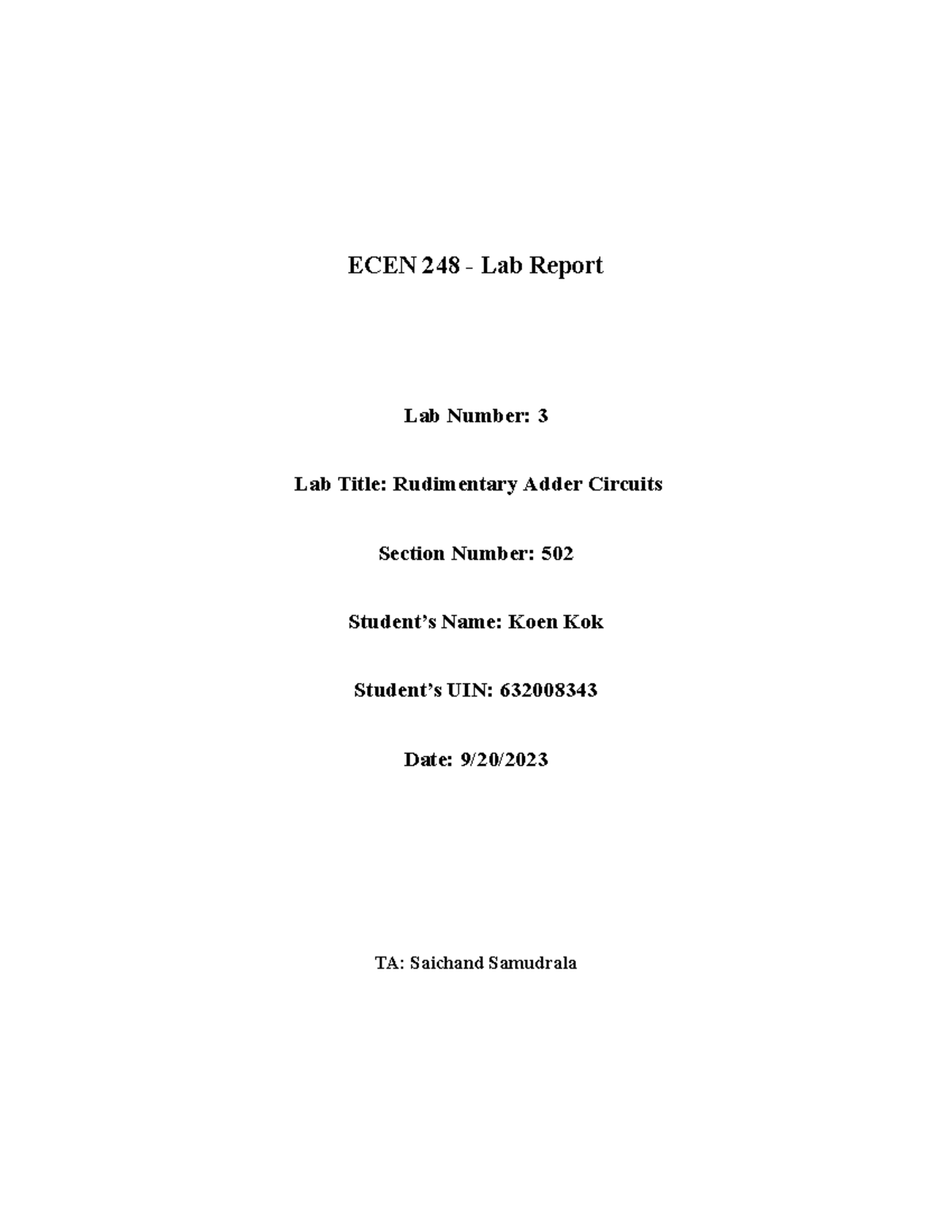 Ecen 248 Lab Report 3 Lab 3 Rudimentary Adder Circuits Ecen 248 Lab Report Lab Number 3 9634