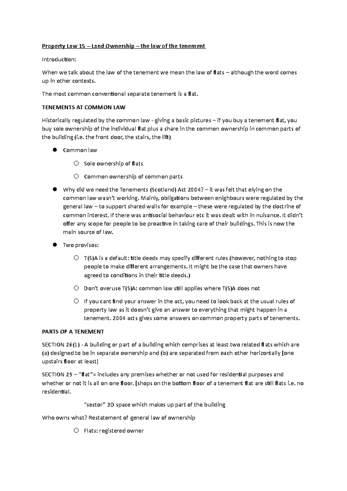 Lecture 15 - the law of the tenement - Property Law 15 – Land Ownership ...