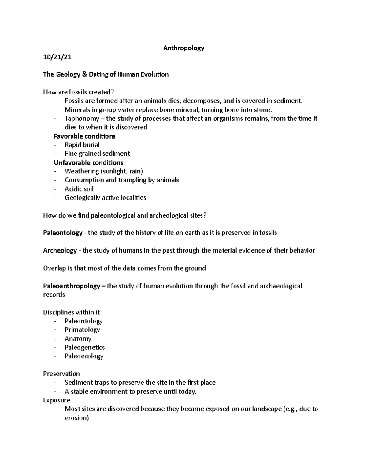 Anthropology notes tests one and two - Anthropology 10/21/ The Geology ...