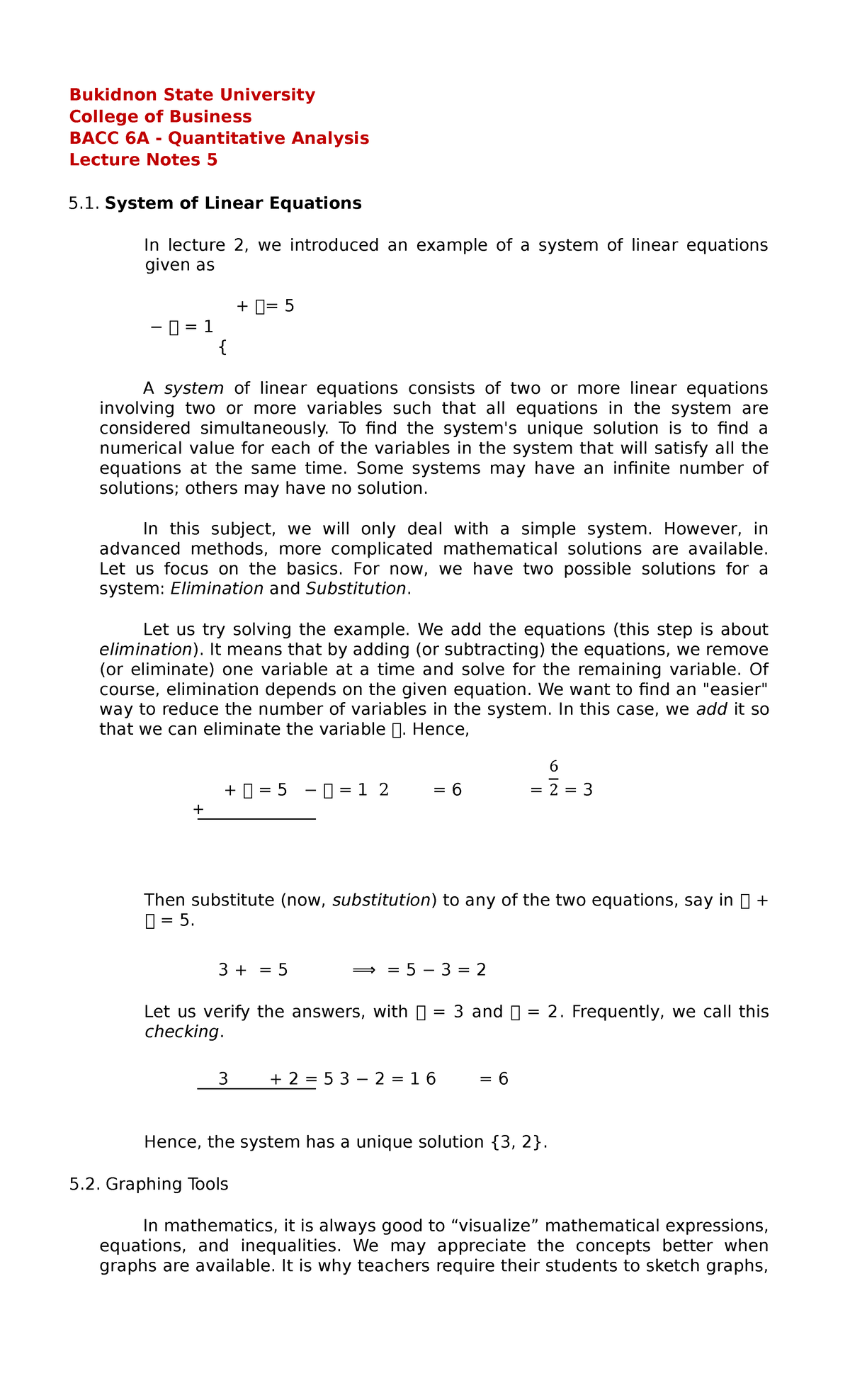 Quantitative Analysis Lecture Notes 5 - System of Linear Equation - BSU ...
