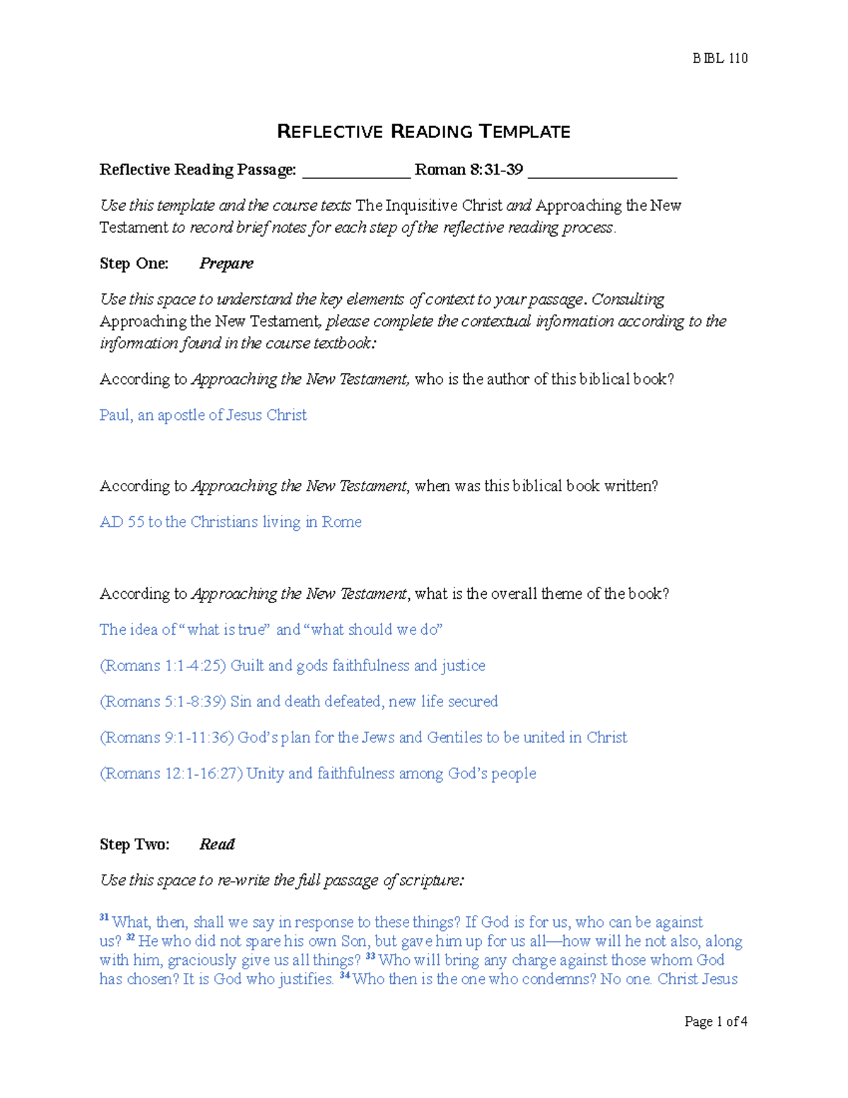 Reflective Reading Assignment over Romans - REFLECTIVE READING TEMPLATE ...