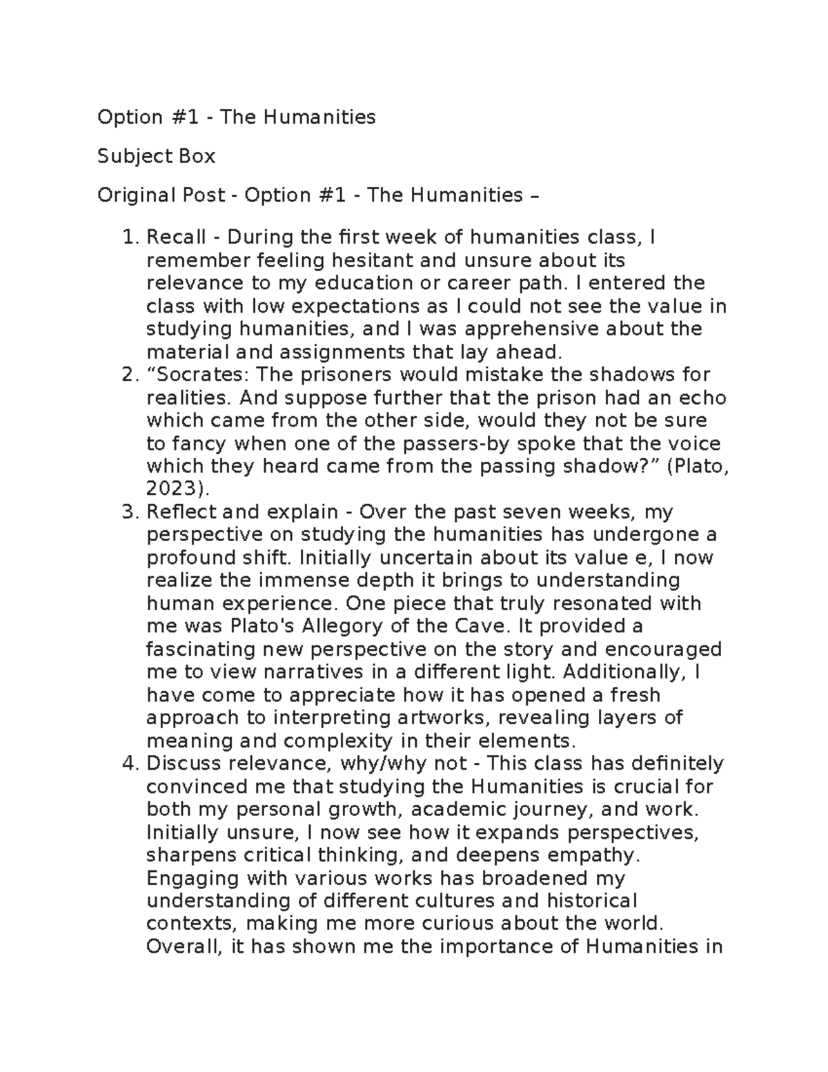 Creating Connections in Humanities - Option #1 - The Humanities Subject ...