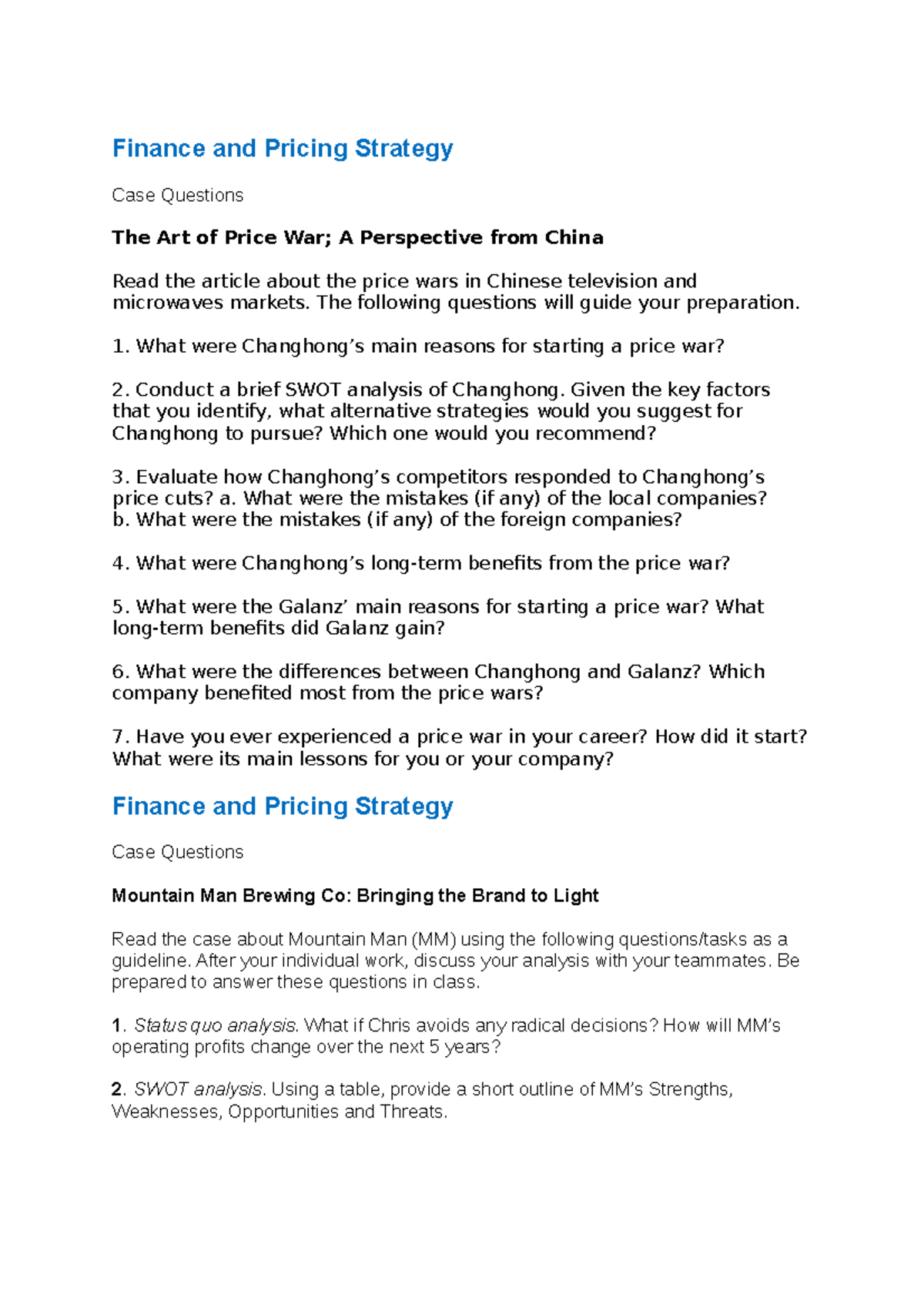 Notes-1 - Case questions - Finance and Pricing Strategy Case Questions ...