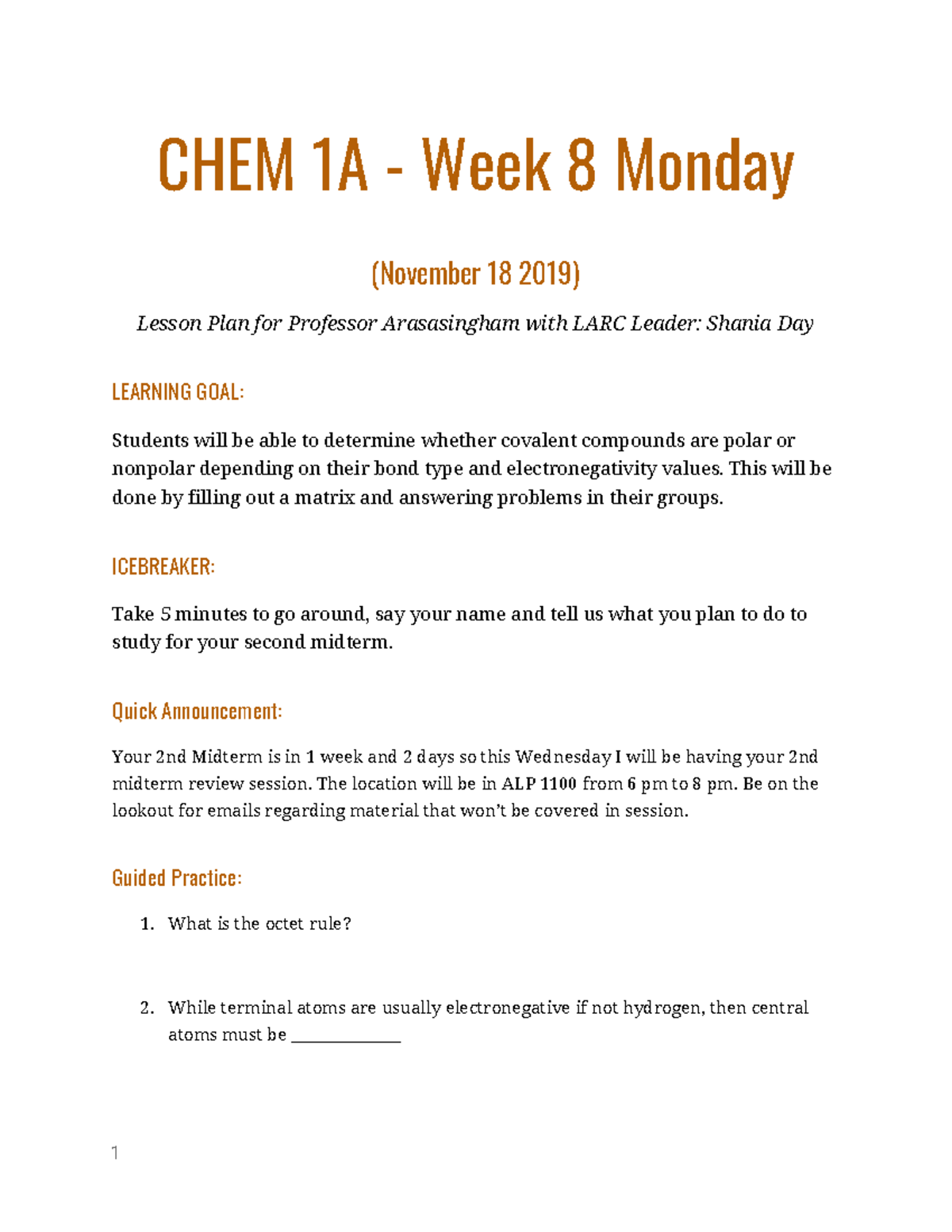 Lesson plan 8 Monday - CHEM 1A - Week 8 Monday (November 18 2019 ...