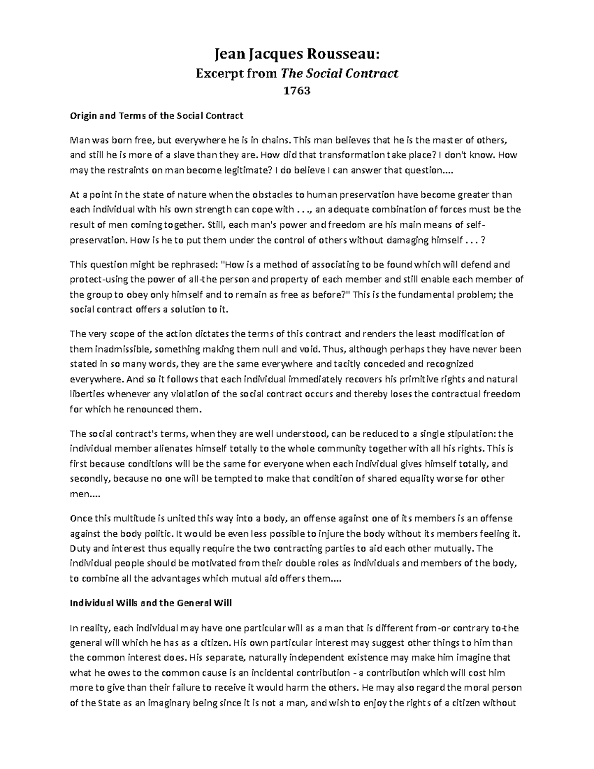 Rousseau - social contract - Jean Jacques Rousseau: Excerpt from The ...