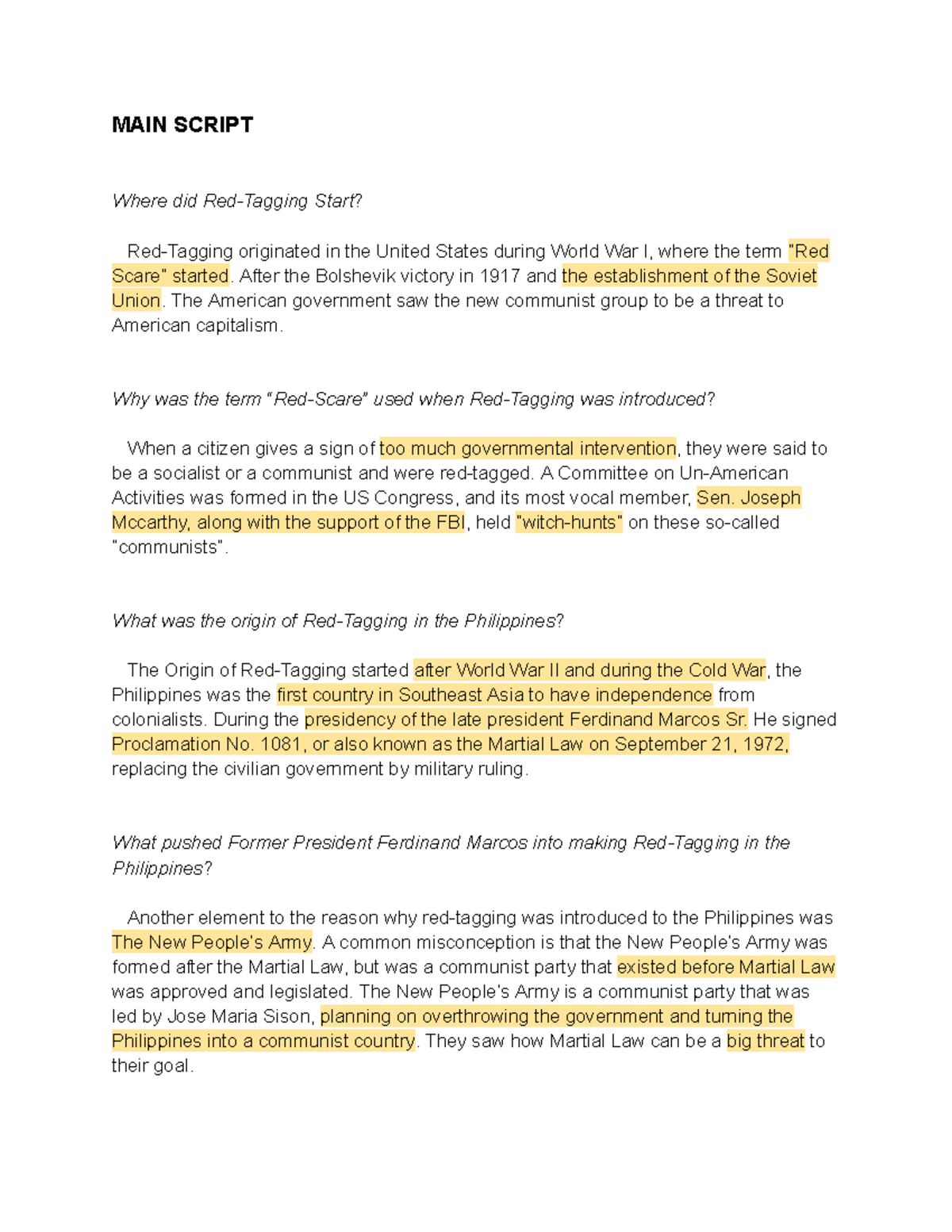 Origins of Red-Tagging - MAIN SCRIPT Where did Red-Tagging Start? Red ...