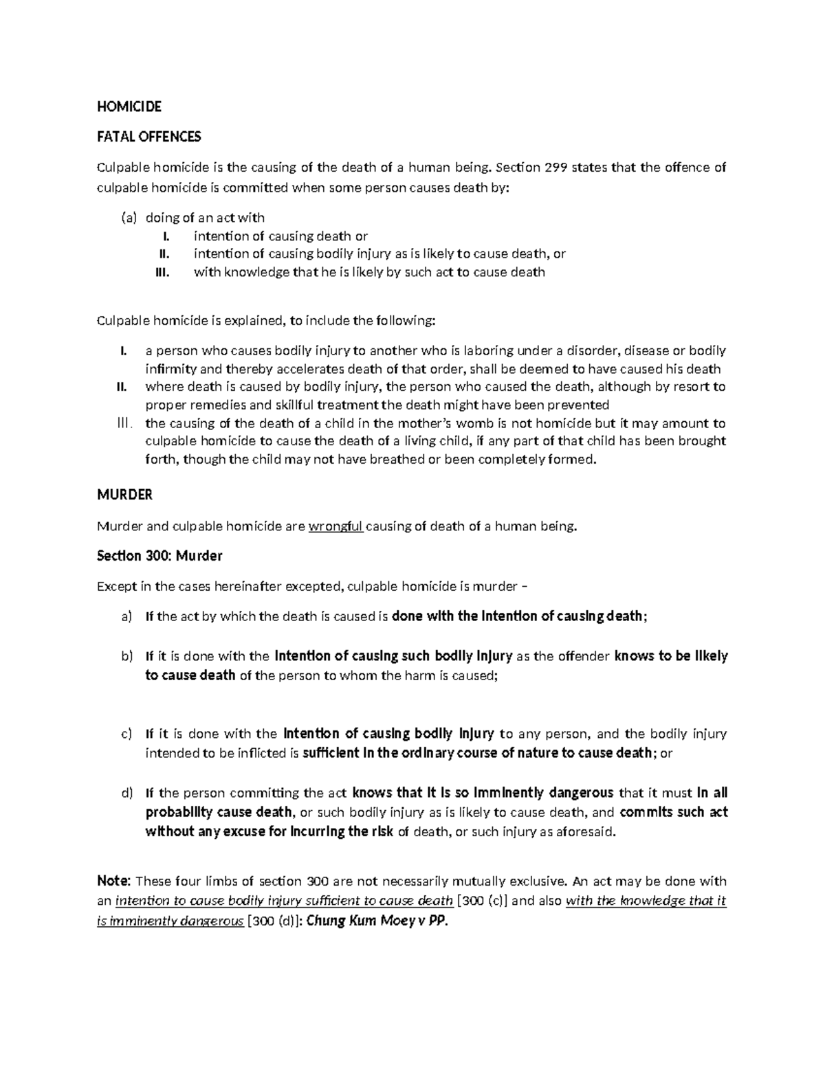 Homicide - Notes - HOMICIDE FATAL OFFENCES Culpable homicide is the ...