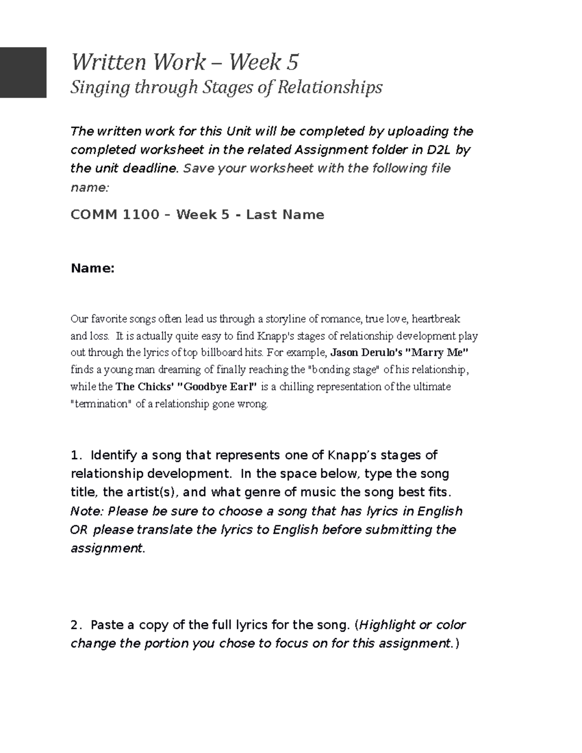 COMM 1100 - Week 5 Worksheet - Written Work – Week 5 Singing through ...