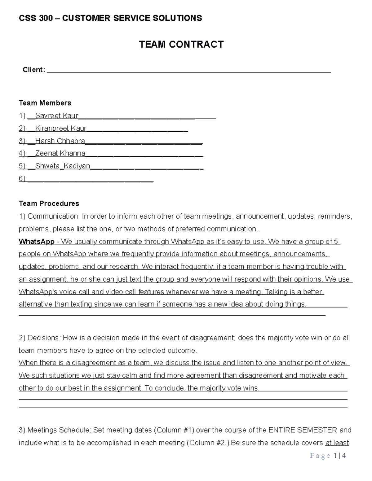 CSS300 - TEAM Contract - TEAM CONTRACT Client: Team Members Savreet ...