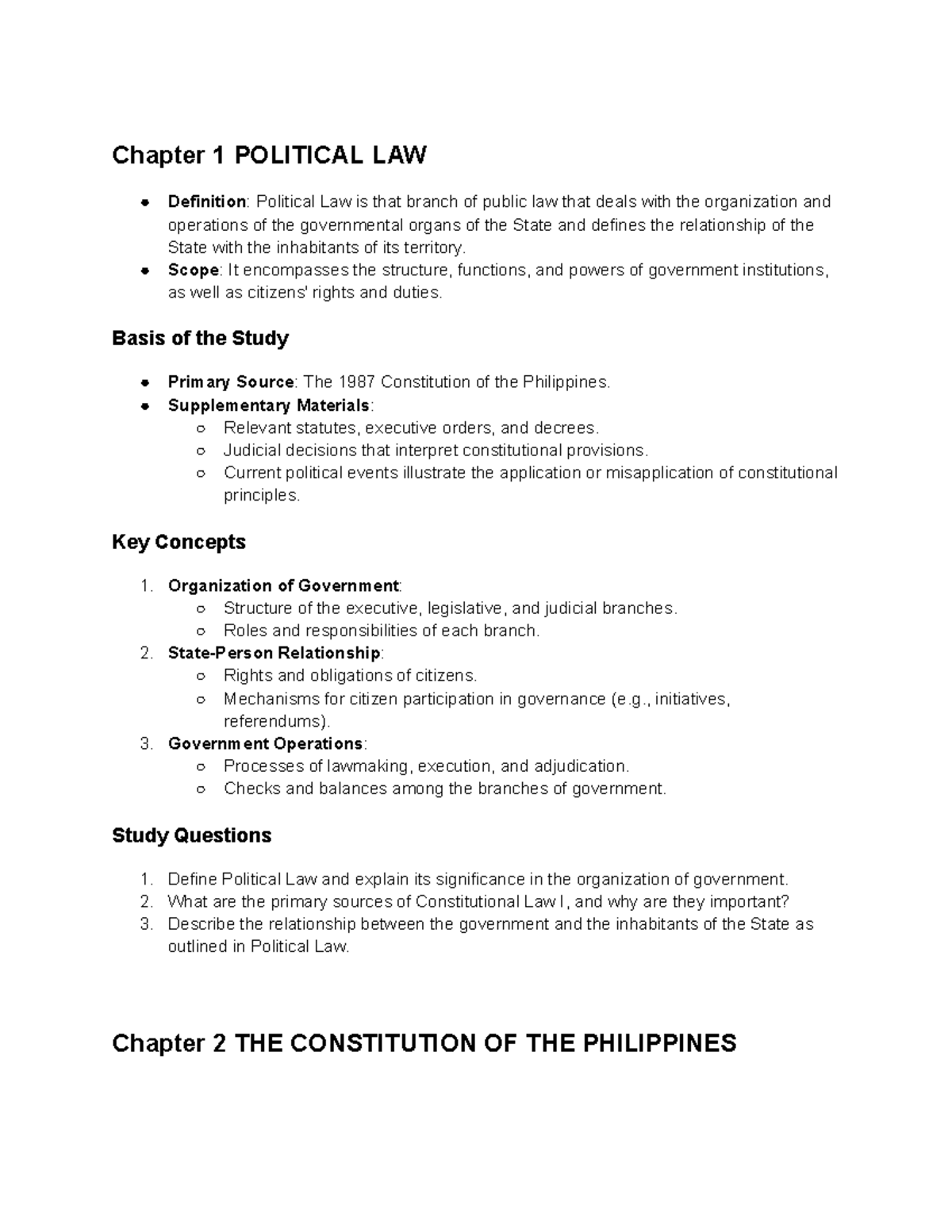 Consti Prelims - Summary Philippine Political Law - Chapter 1 POLITICAL LAW Definition ...