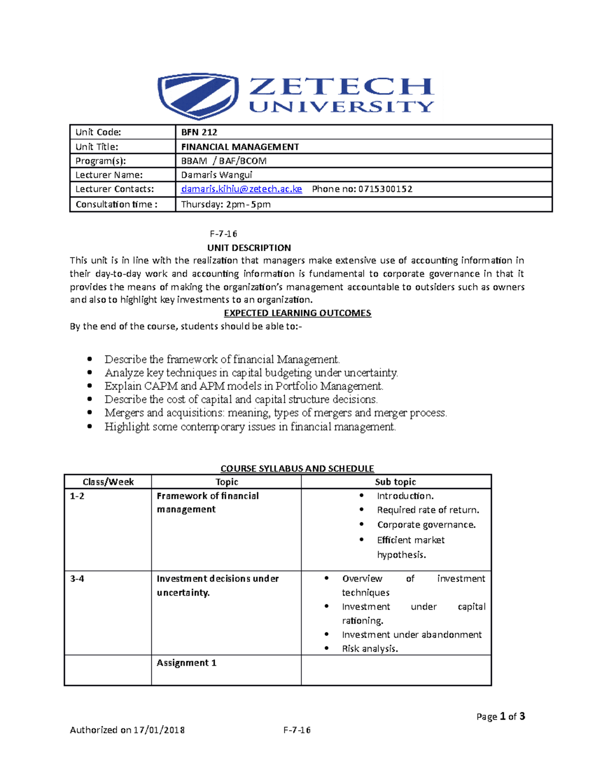 Financial Management Course Outline - Unit Code: BFN 212 Unit Title ...