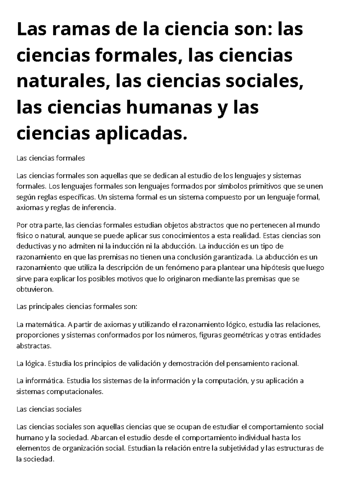 Las ramas de la ciencia son las ciencias formales, las ciencias ...
