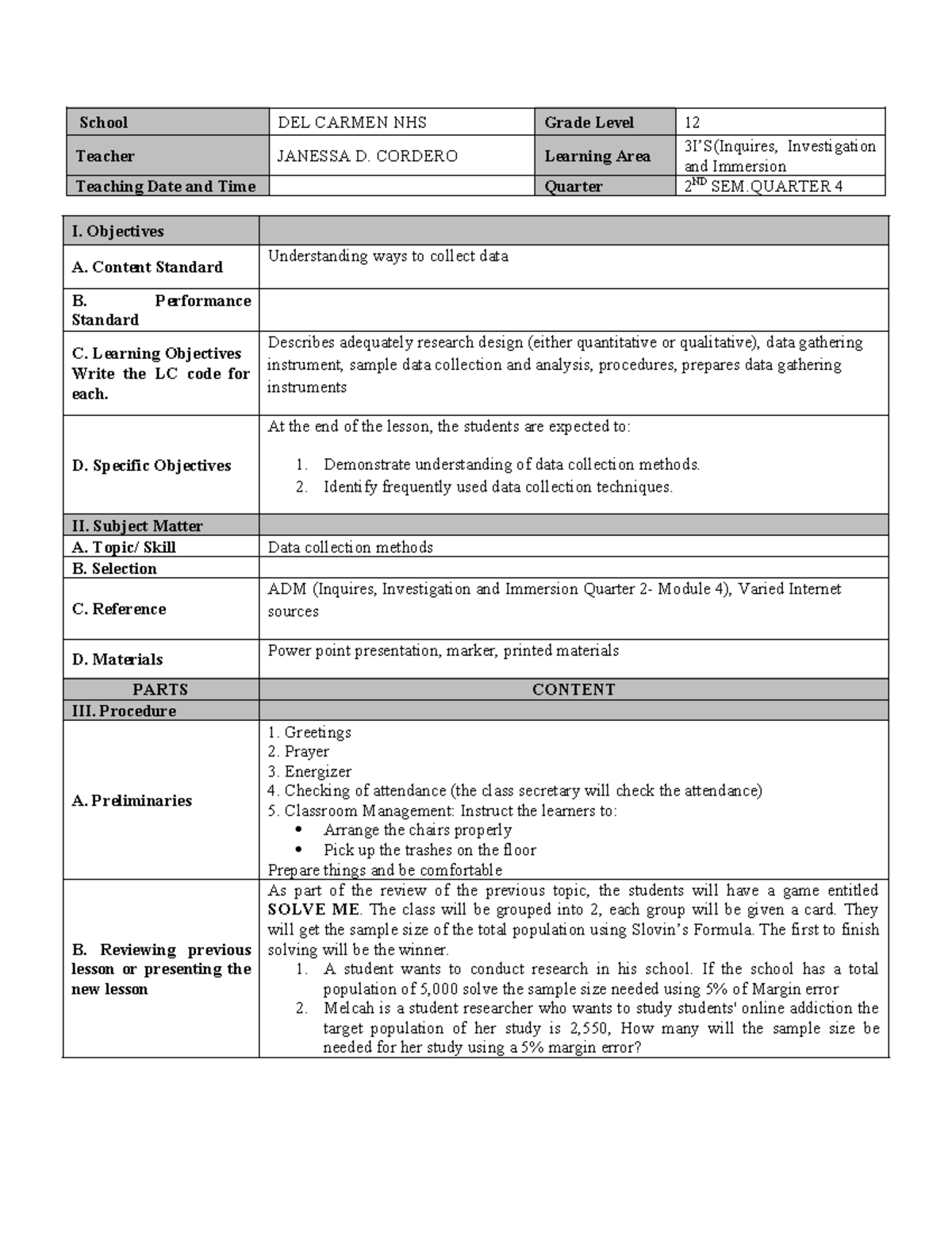 CO2 LP - LP samples - I. Objectives A. Content Standard Understanding ways to collect data B ...