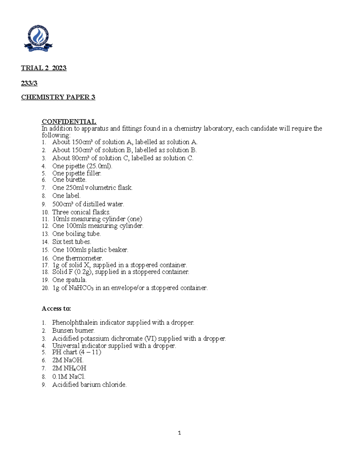 Chem confidential - PRACTICALS MANUALS AND THEORY EXAMS - TRIAL 2 2023 ...
