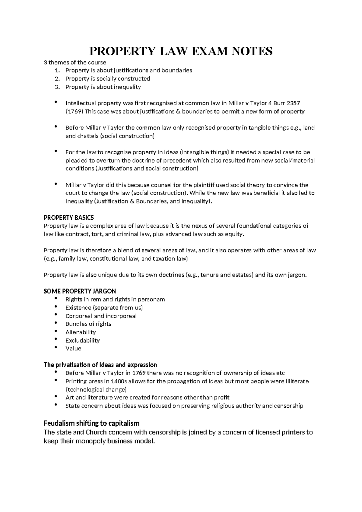 Property LAW EXAM Notes - PROPERTY LAW EXAM NOTES 3 themes of the ...